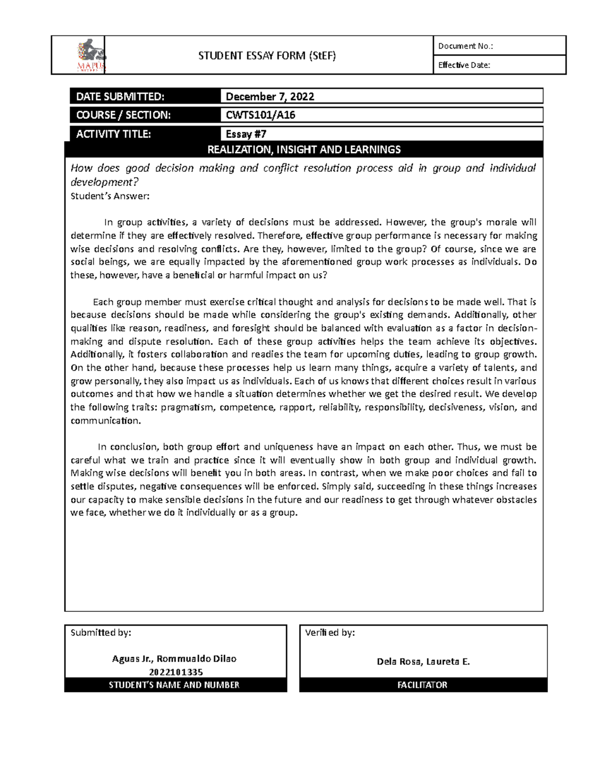 Romy-essay-7 - cwts - STUDENT ESSAY FORM (StEF) Document No.: Effective ...