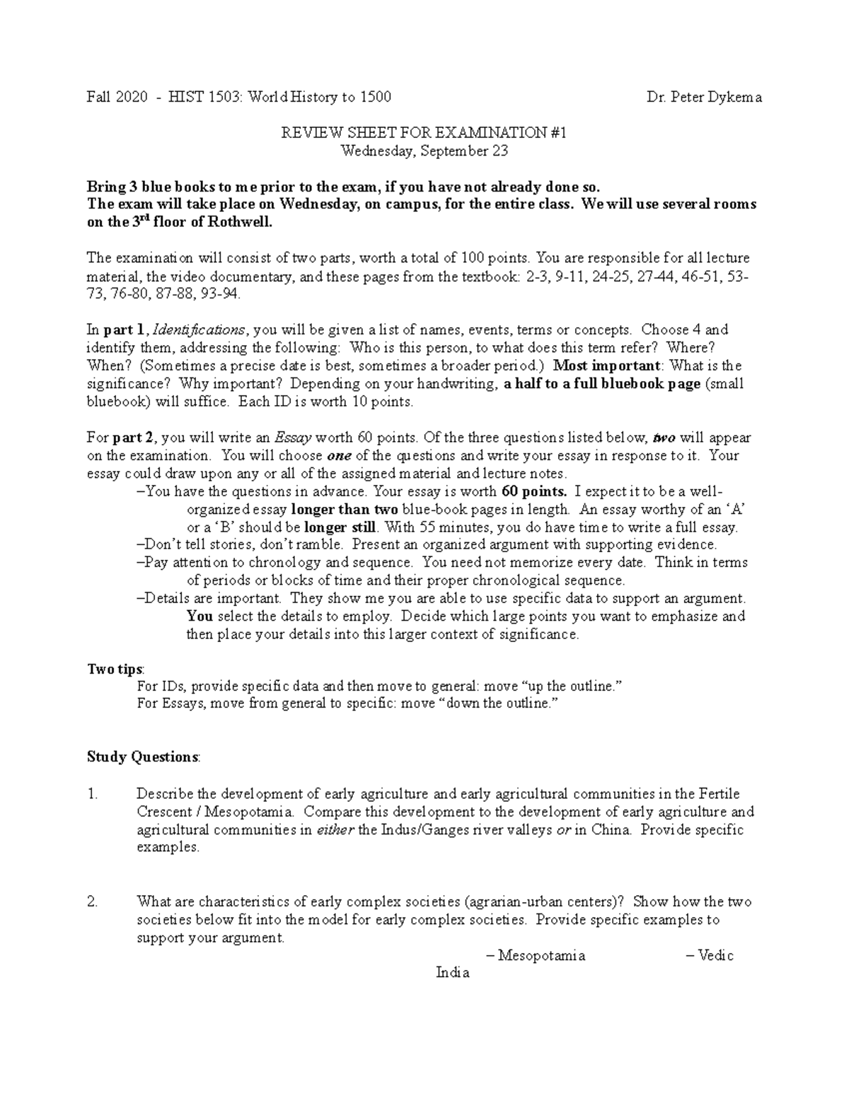 Study guide three - Fall 2020 - HIST 1503: World History to 1500 Dr ...