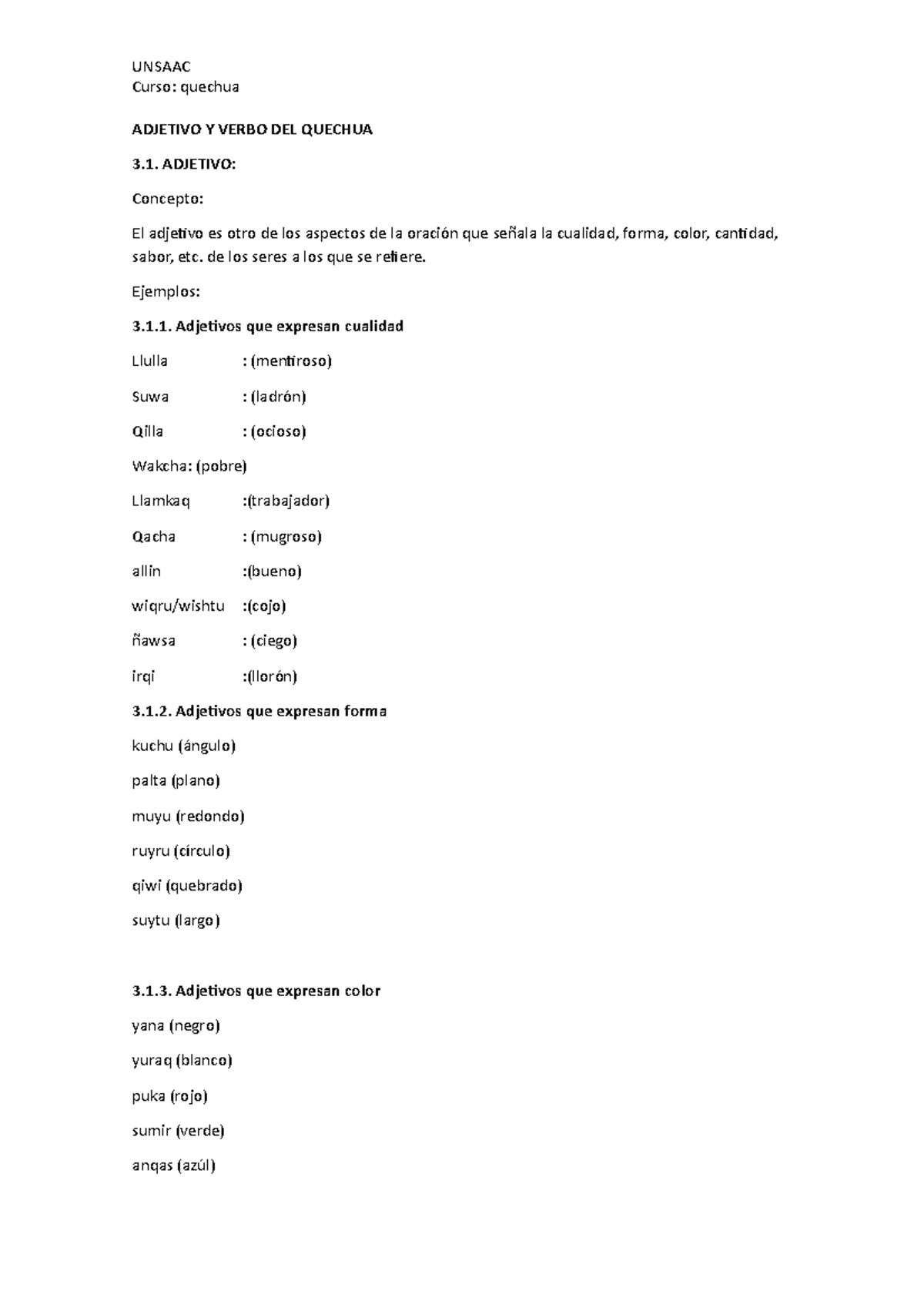 10. Adjetivo Y Verbo DEL Quechua - Curso: quechua ADJETIVO Y VERBO DEL QUECHUA 3. ADJETIVO ...