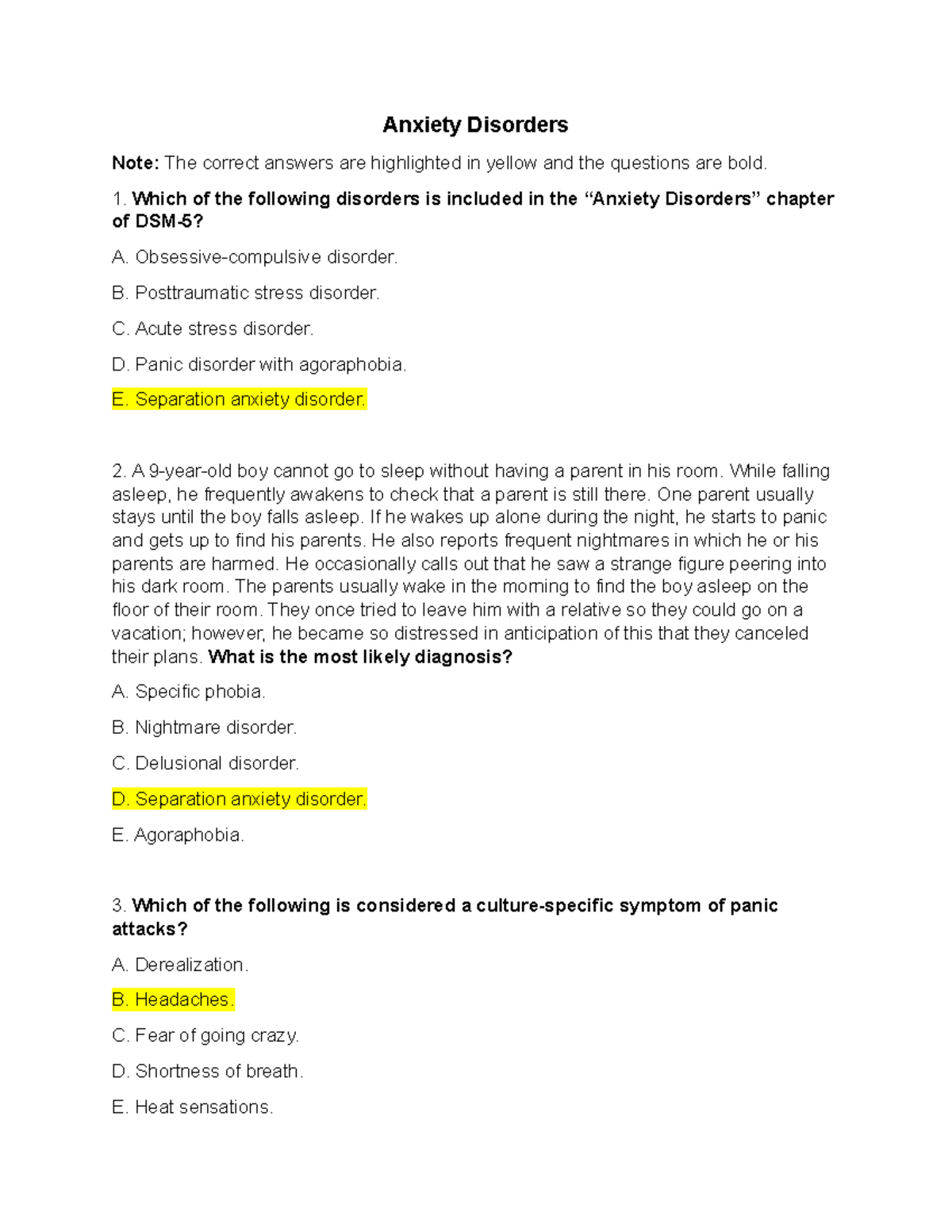Test Questions in Anxiety Disorders- DSM5 - Anxiety Disorders Note: The ...