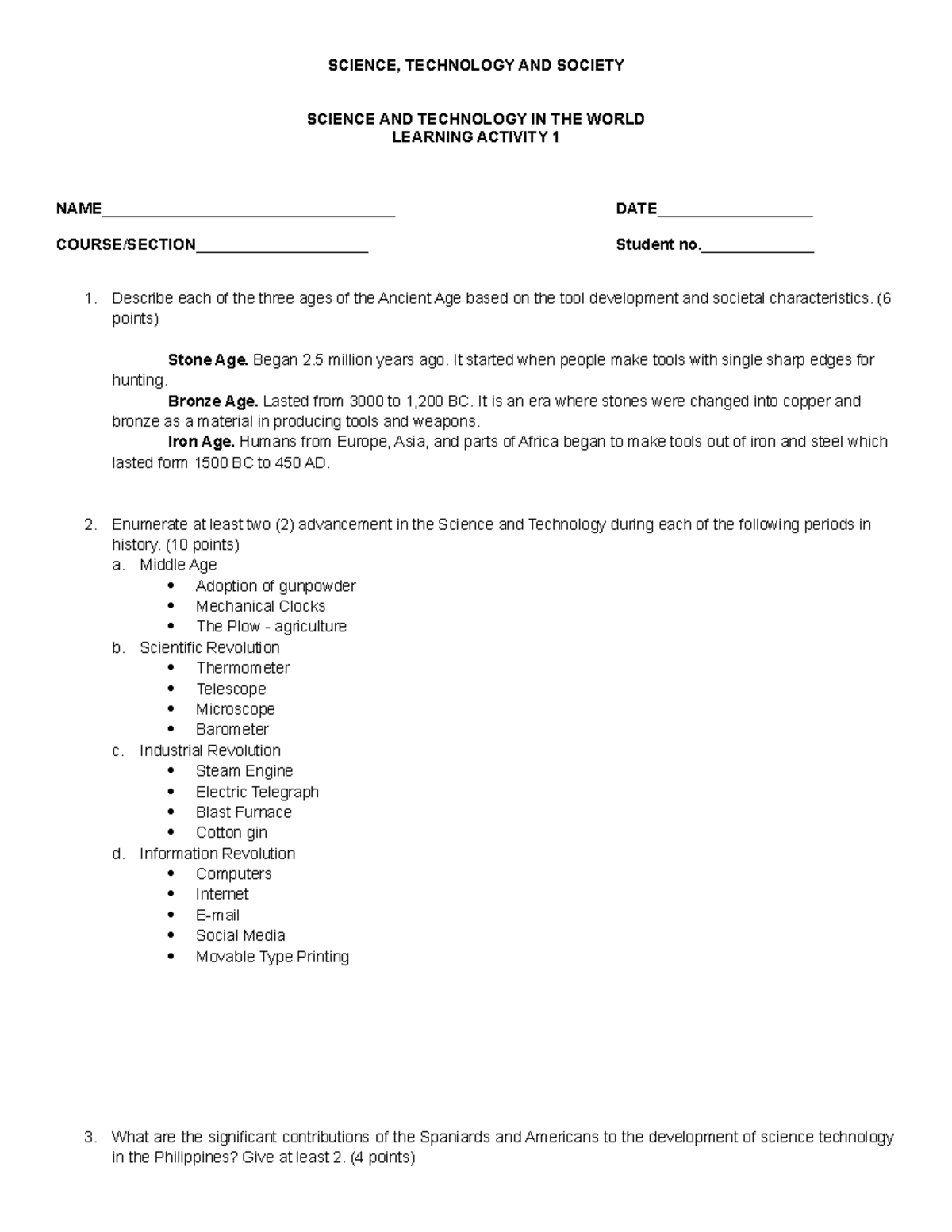 Learning Activity 1- Science AND Technology IN THE World - SCIENCE ...