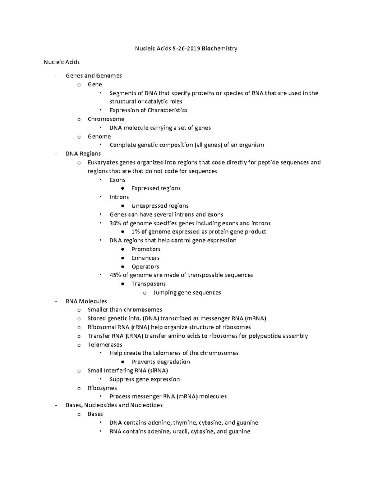 Chapter 4 - Nucleic Acids - Nucleic Acids 9-26-2019 Biochemistry ...