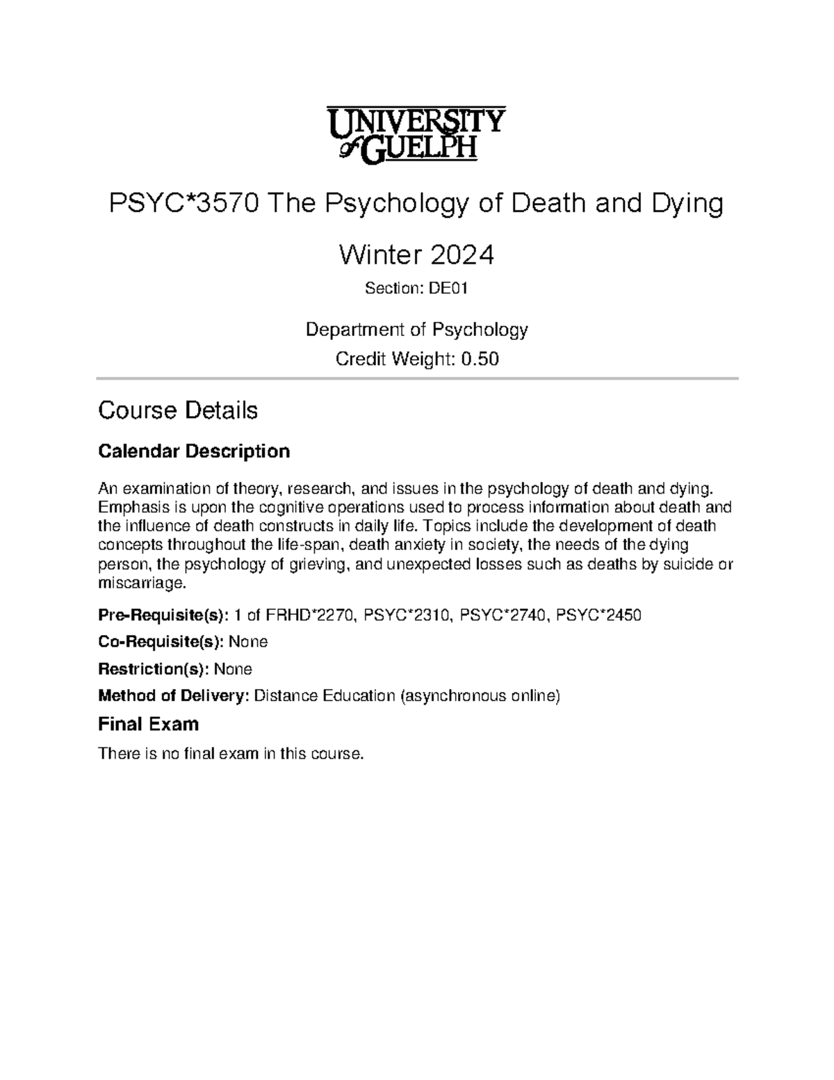 Outline PSYC3570 DE01 W24 final-3 - PSYC*3570 The Psychology of Death ...