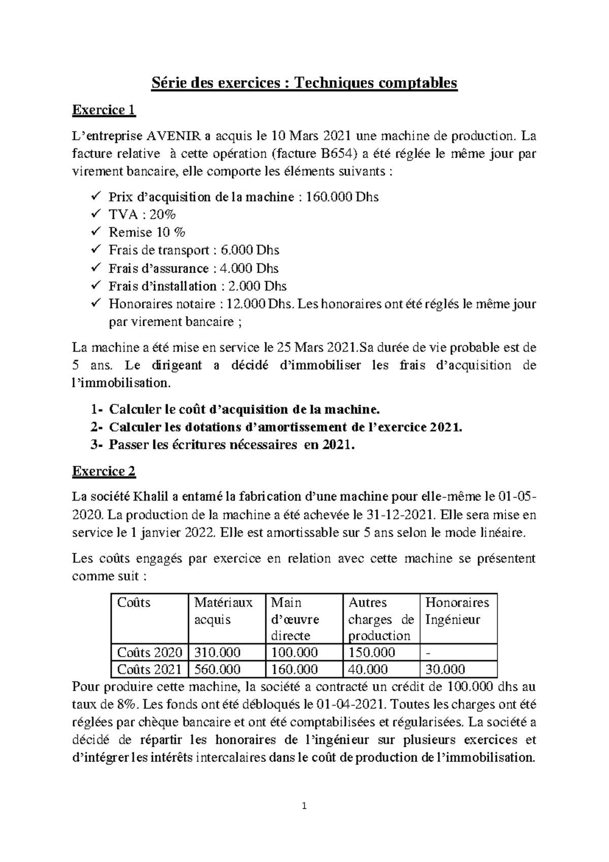 Exercices tech compt - 1 Série des exercices : Techniques comptables ...