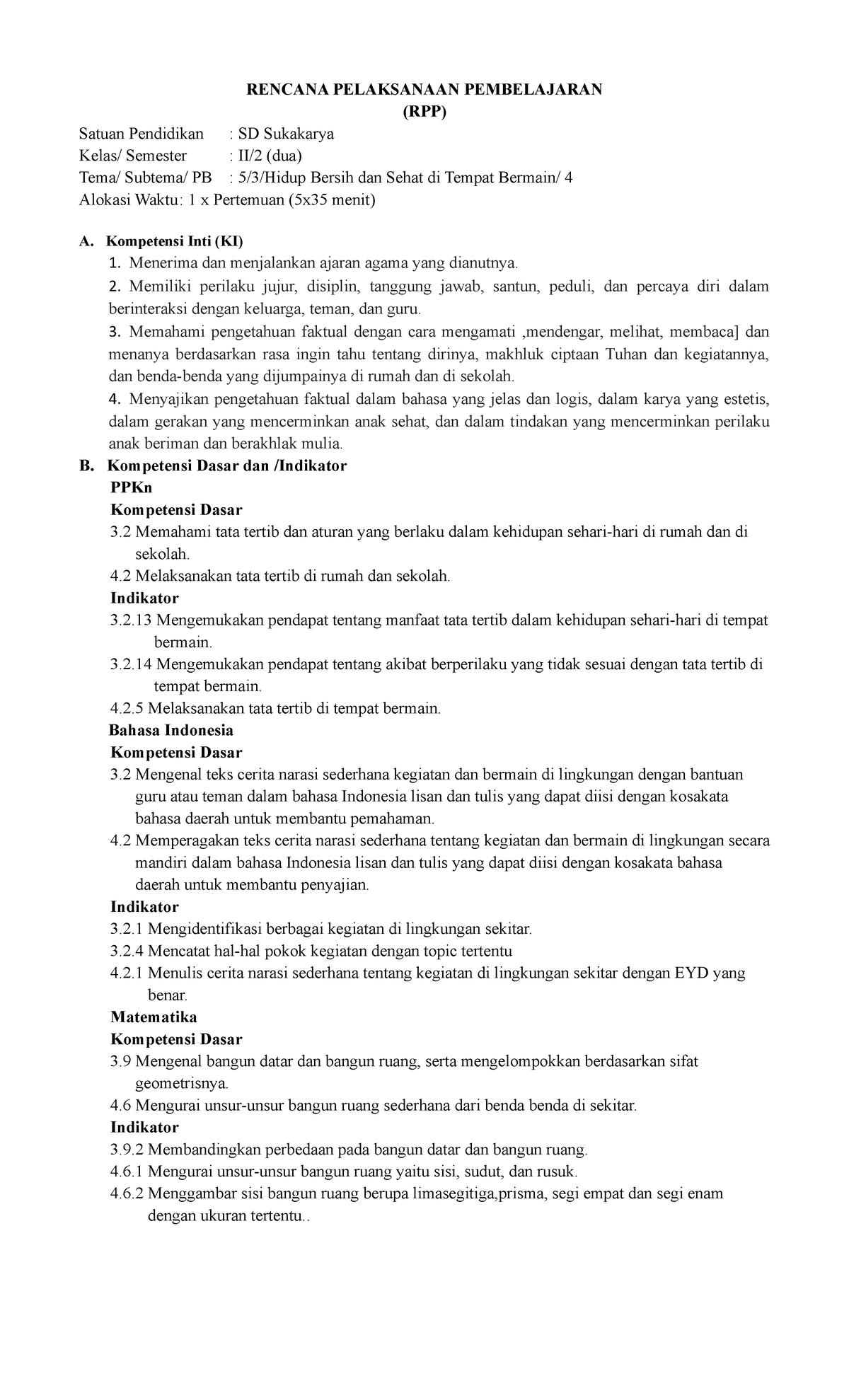 Contoh rpp tematik kls 2 semester 2 - RENCANA PELAKSANAAN PEMBELAJARAN ...