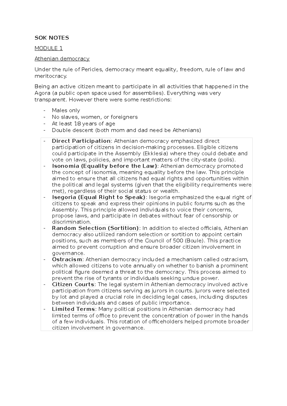 SOK Notes - SOK NOTES MODULE 1 Athenian democracy Under the rule of ...