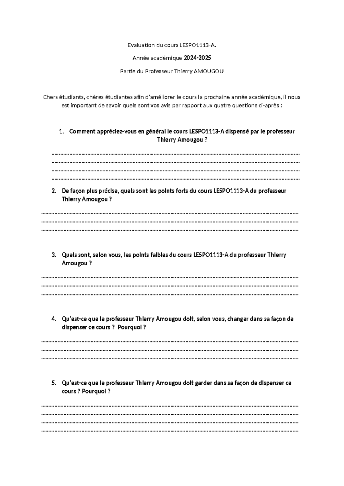 Questions évaluation - noote pour le prof sur son éval - Evaluation du ...