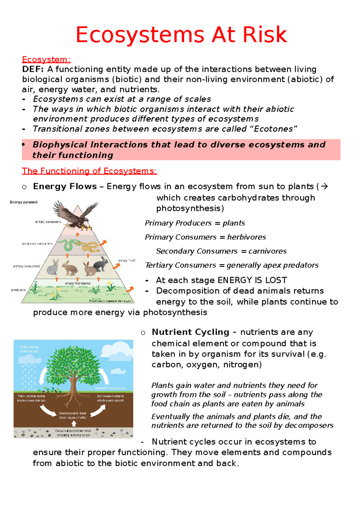 Ecosystems notes - Ecosystems At Risk Ecosystem: DEF: A functioning ...
