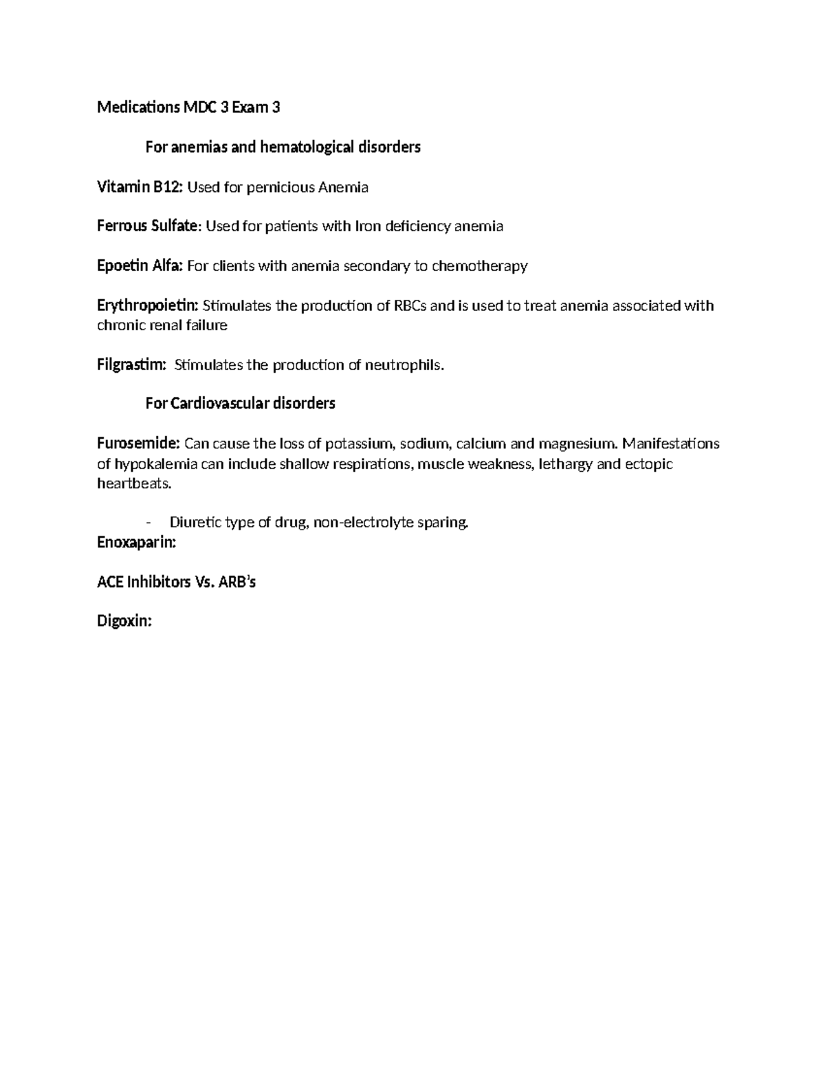 Review MDC 3 Exam 3 Outline - Medications MDC 3 Exam 3 For anemias and ...