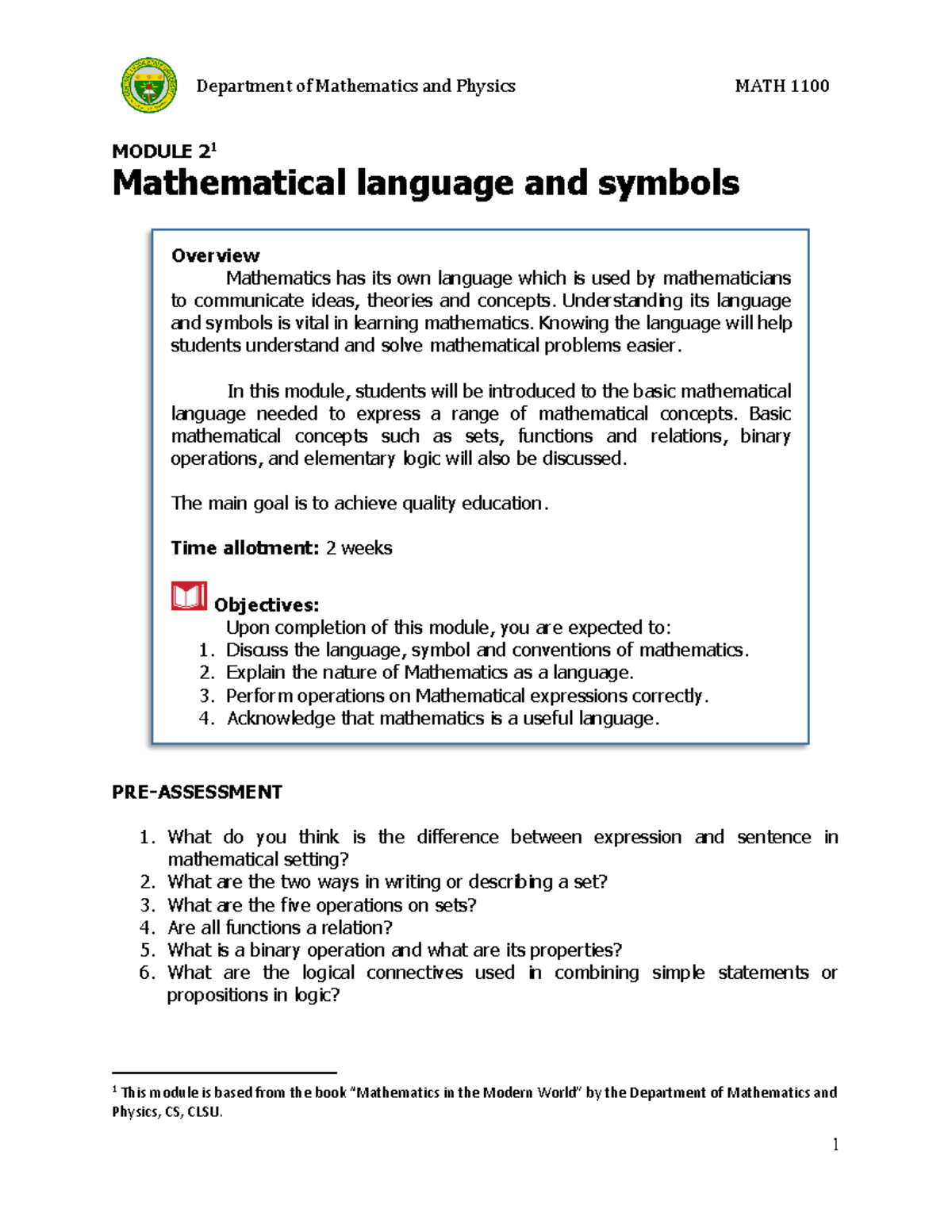 Math 1100 Module 2 - nothing - MODULE 2 1 Mathematical language and ...
