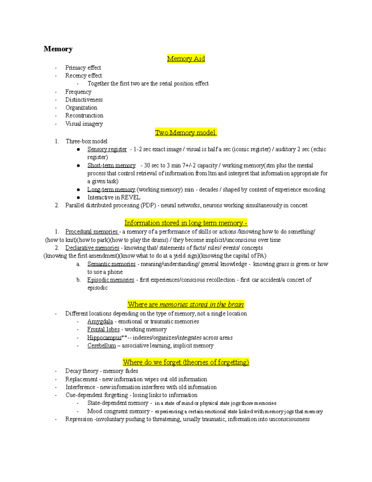 Psy memory - Dr. Corrine Bertram - Memory Memory Aid Primacy effect Recency effect Together the ...