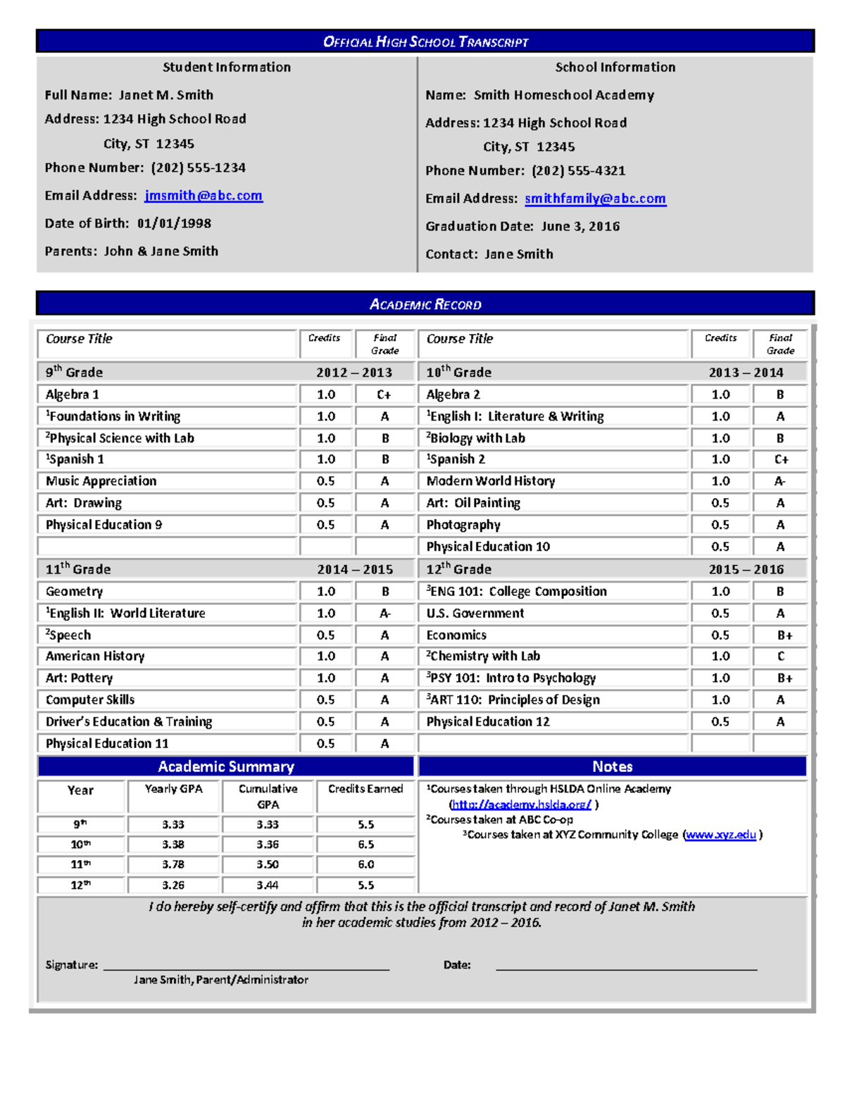 Free college transcript template - OFFICIAL HIGH SCHOOL TRANSCRIPT ...