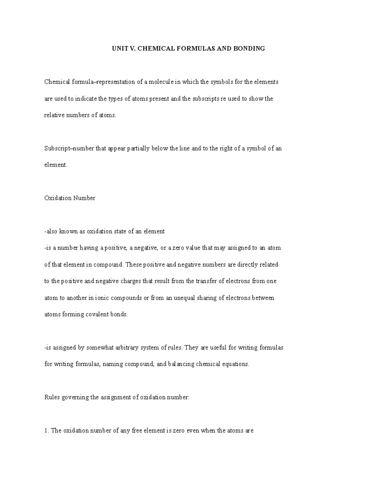 UNIT V. Chemical Formulas AND Bonding - UNIT V. CHEMICAL FORMULAS AND ...