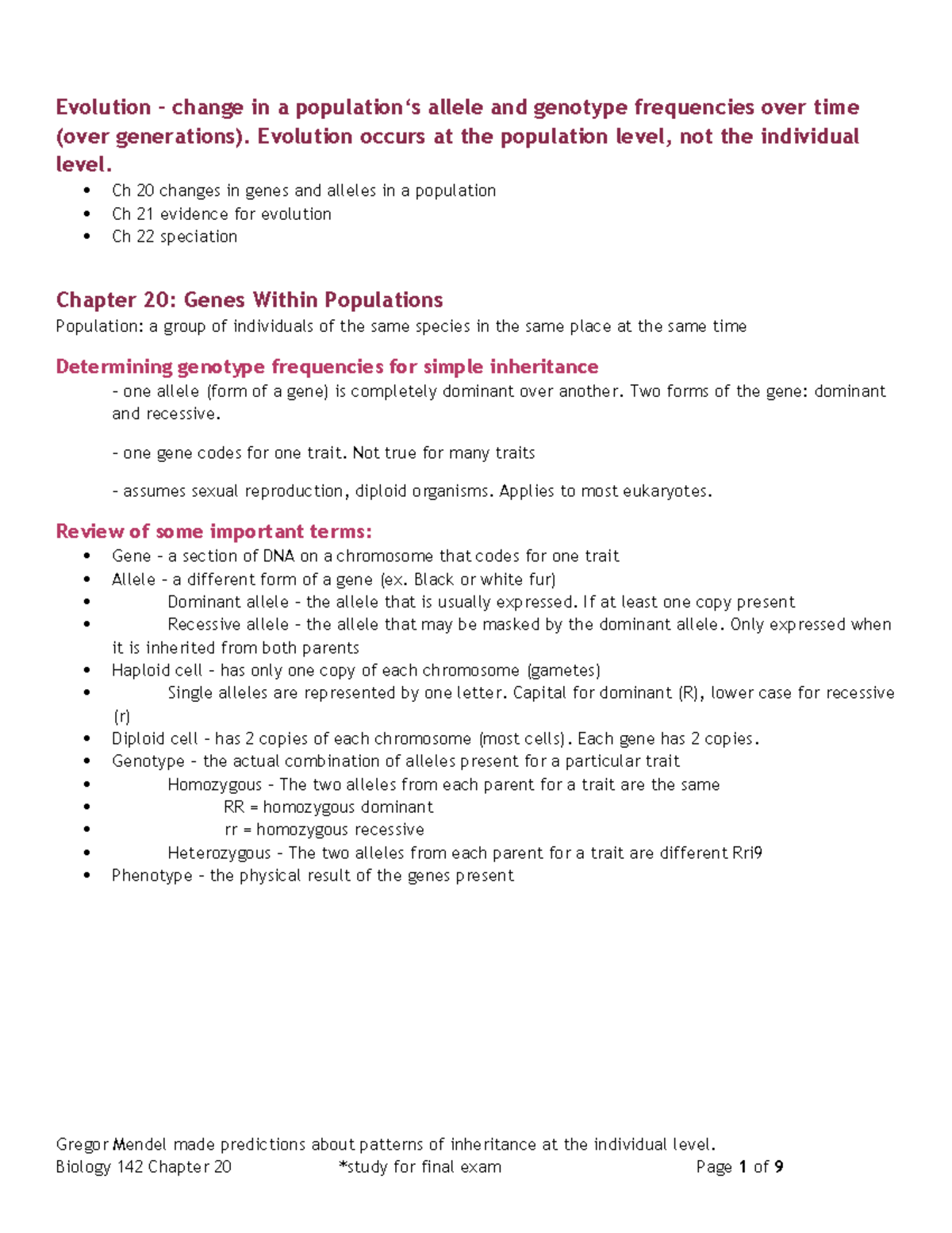 Chapter 20 study guide with notes fall 2021 - Evolution – change in a ...