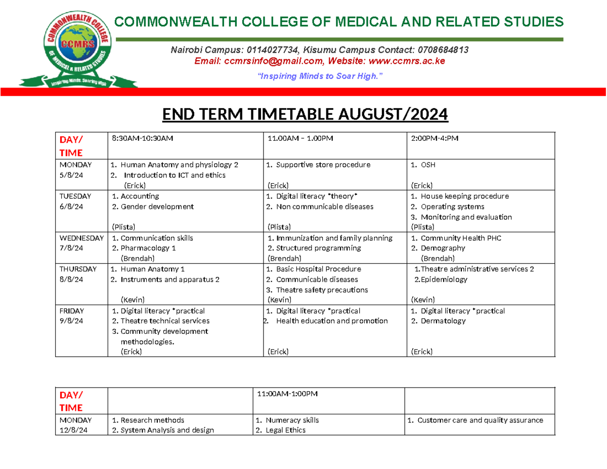 Sample timtable - END TERM TIMETABLE AUGUST/ DAY/ TIME 8:30AM-10:30AM ...