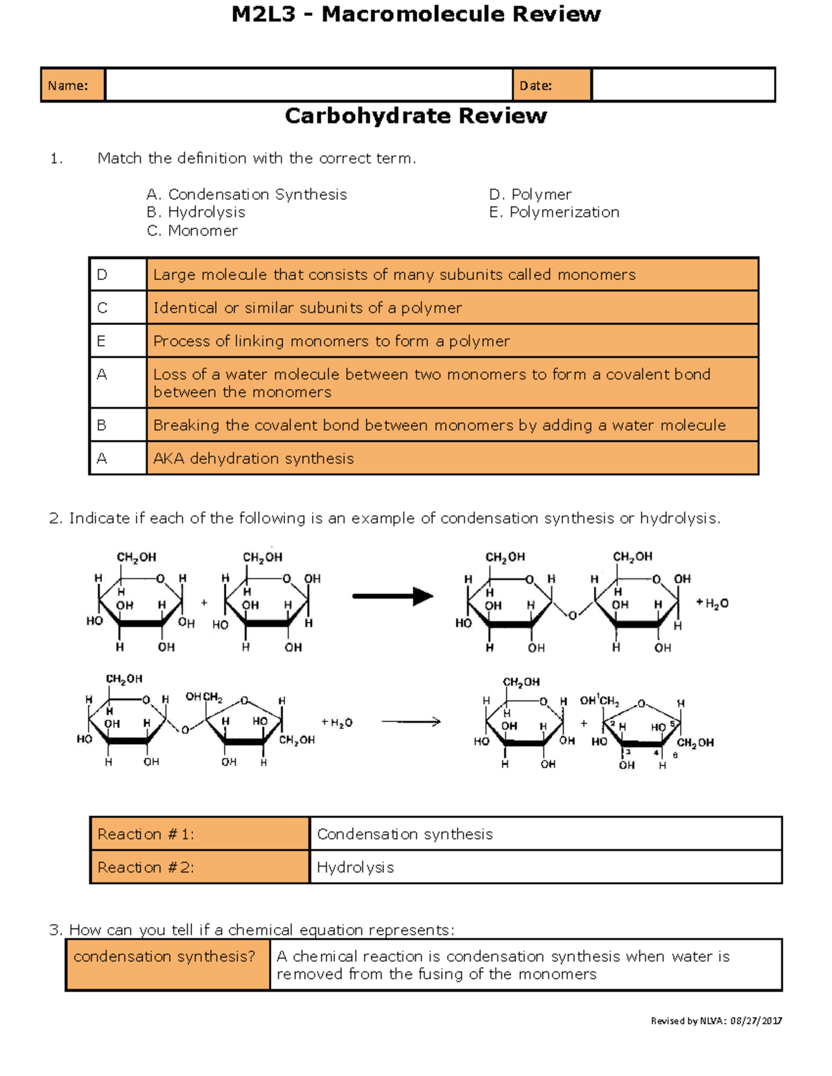Copy of M2 L3 - Macromolecule Review - Name:Date: Carbohydrate Review ...
