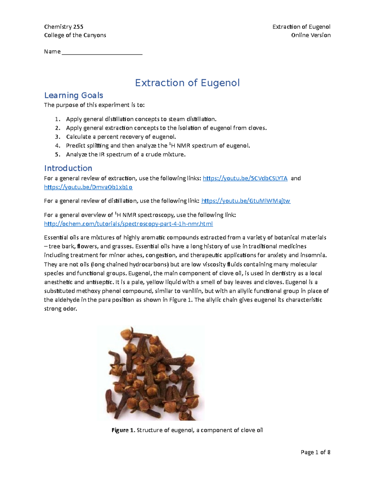 Virtual Lab - Extraction of Eugenol - College of the Canyons Online ...