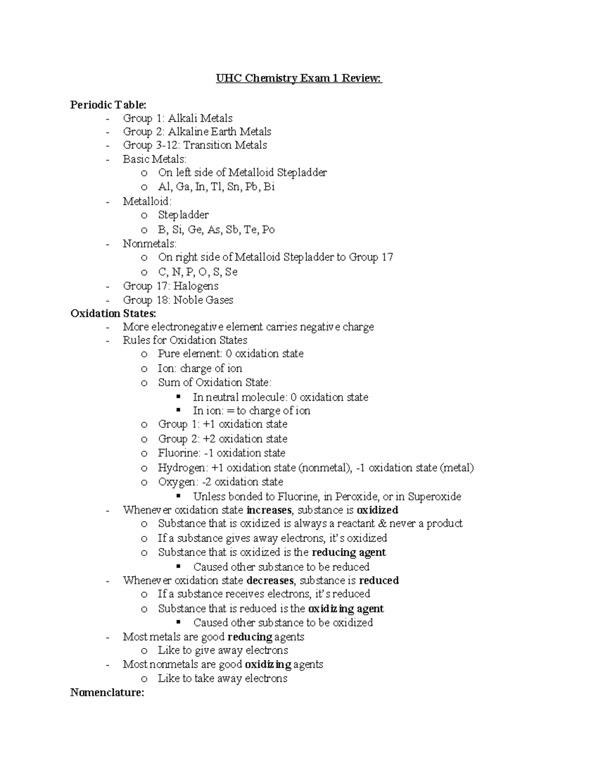 Chemistry Exam 1 Review - UHC Chemistry Exam 1 Review: Periodic Table ...
