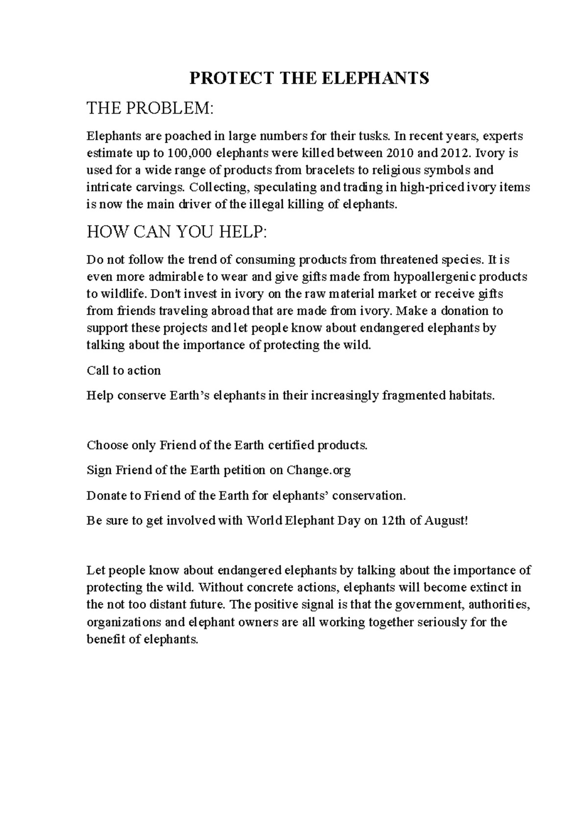 Lời kêu gọi thông điệp BV loài voi - PROTECT THE ELEPHANTS THE PROBLEM: Elephants are poached in ...