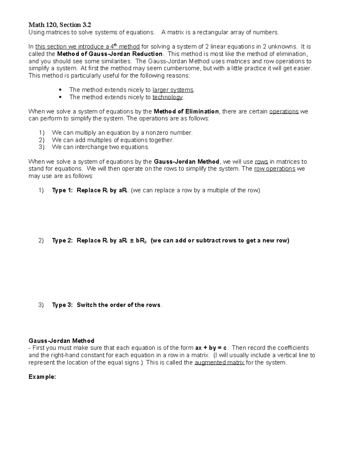 120 3.2 notes - Math 120, Section 3 Using matrices to solve systems of ...