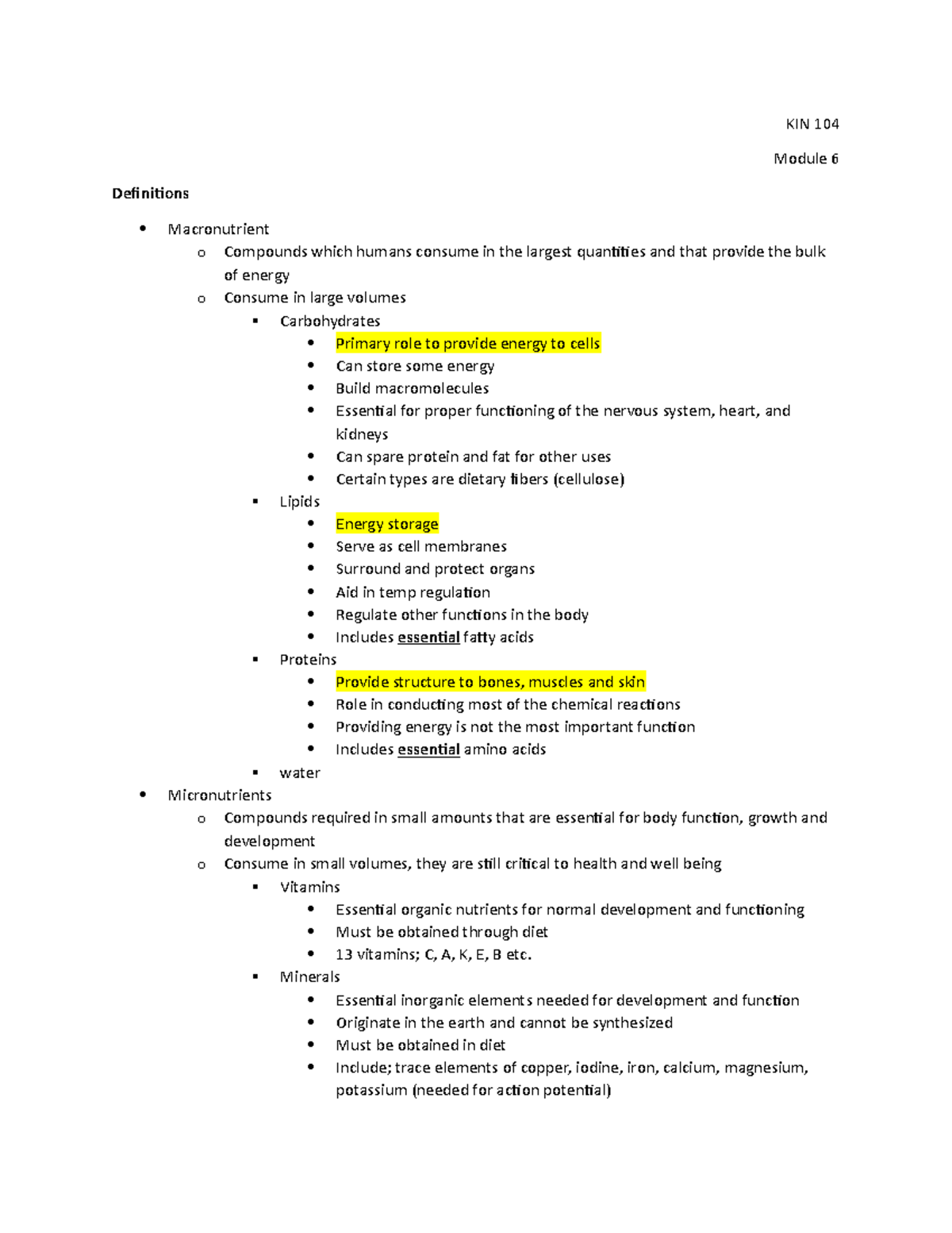 KIN 104; Module 6 - KIN 104 Module 6 Definitions Macronutrient o ...