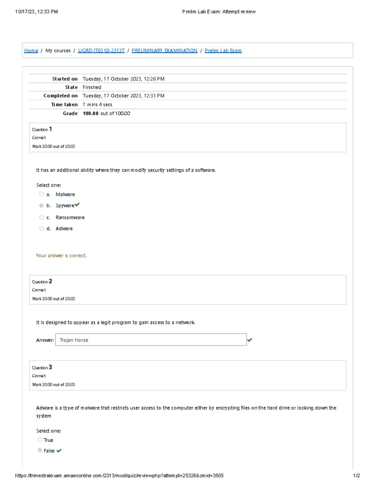 Prelim Lab Exam Attempt review - 10/17/23, 12:33 PM Prelim Lab Exam: Attempt review - Studocu