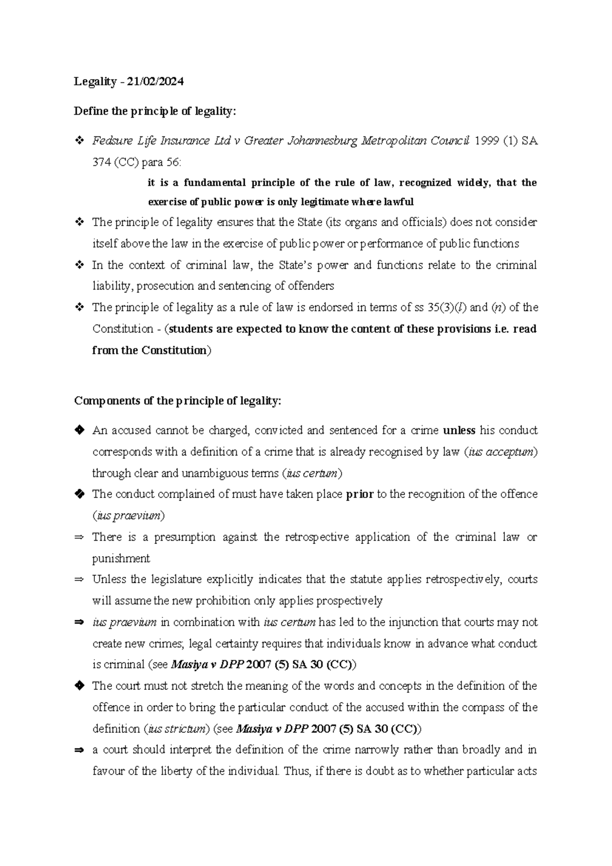 Legality recap notes - Legality - 21/02/ Define the principle of ...