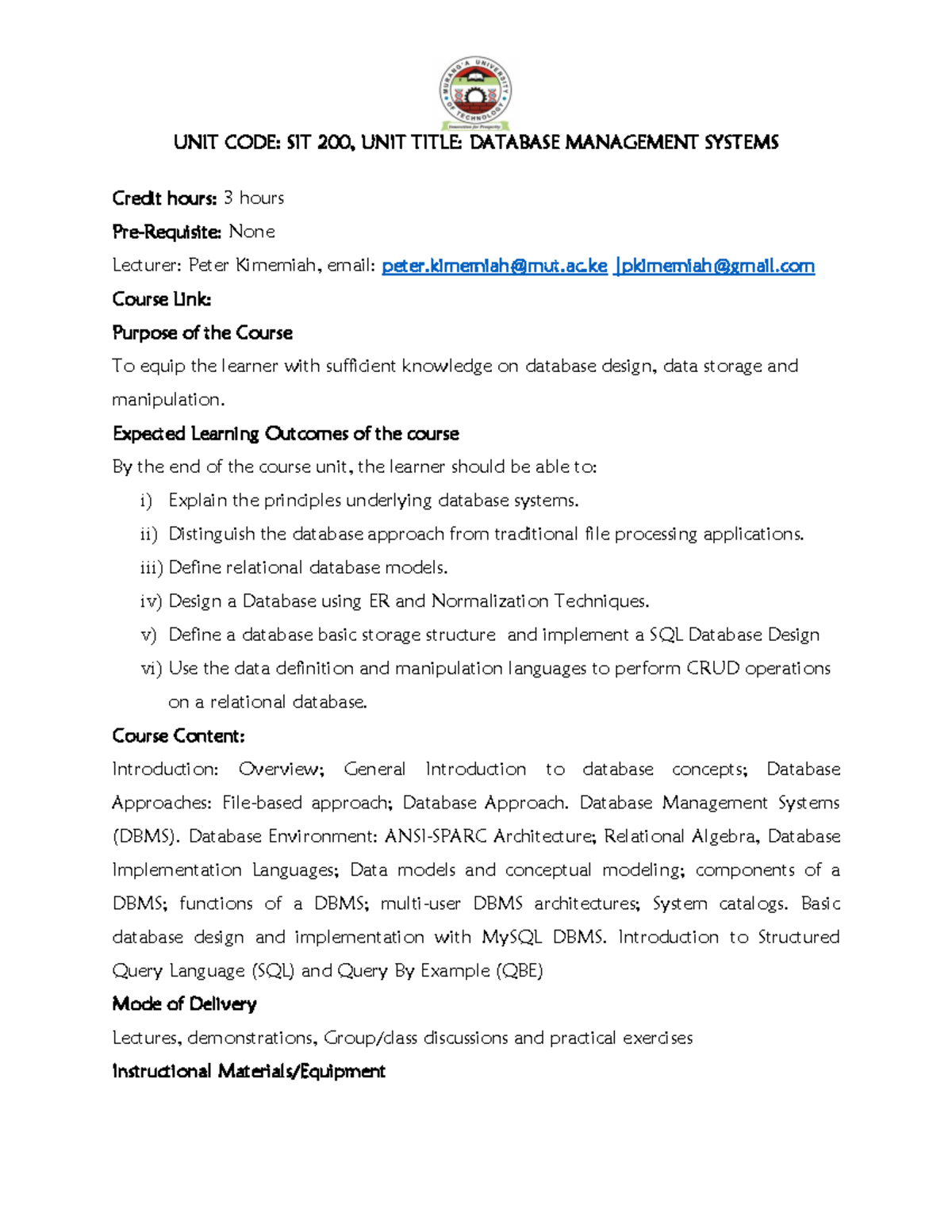 Sit200 dbms - course outline - Credit hours: 3 hours Pre-Requisite ...