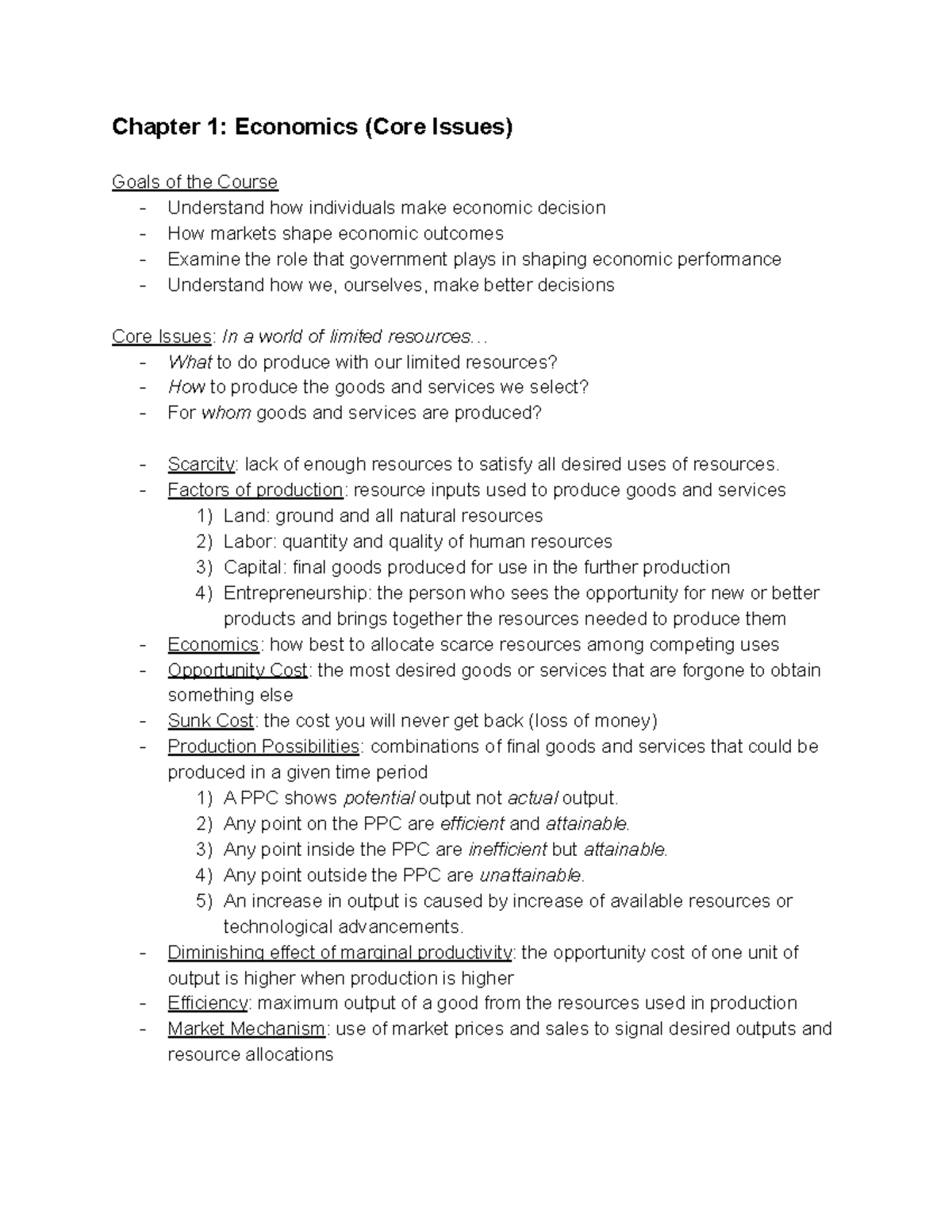 ECO 1002 - Final Exam Review - Chapter 1: Economics (Core Issues) Goals ...