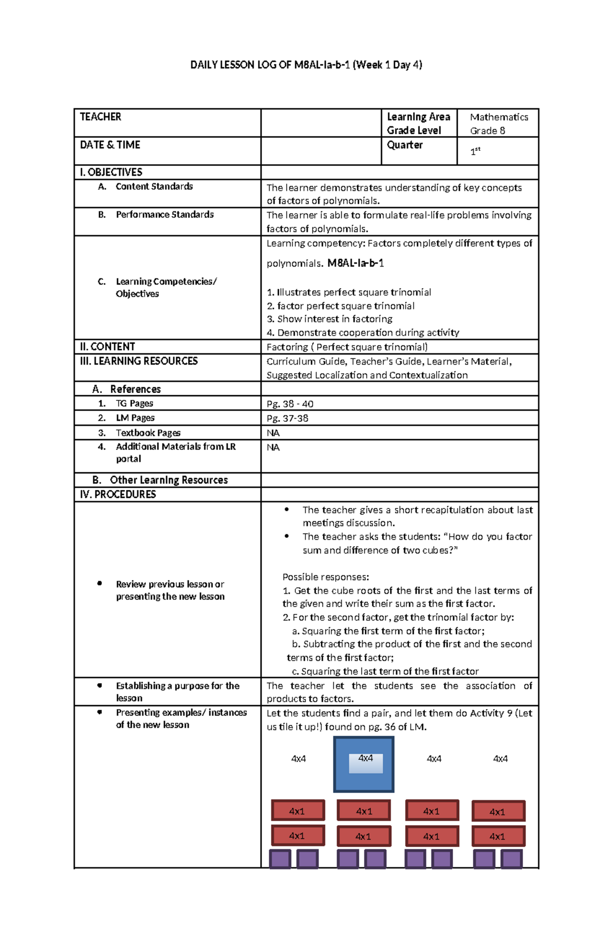 daily lesson plan 1st quarter - 4x4 4x4 4x4 4x 4x1 4x1 4x1 4x 4x1 4x1 ...