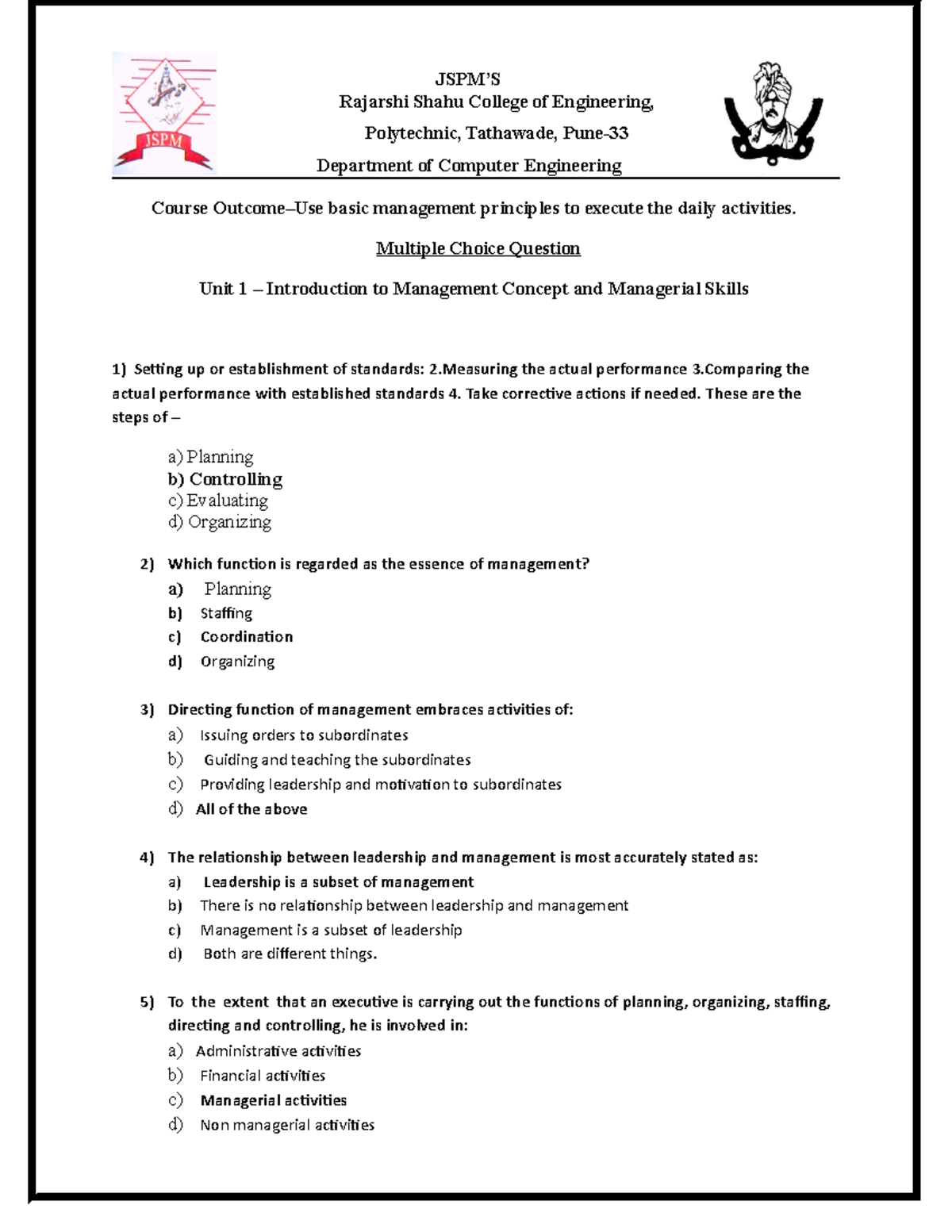 Man MCQ-Unit 1 -Set B 4ff44c62052 f5e28c3a9aad4c7e53cbc - JSPM’S Rajarshi Shahu College of - Studocu
