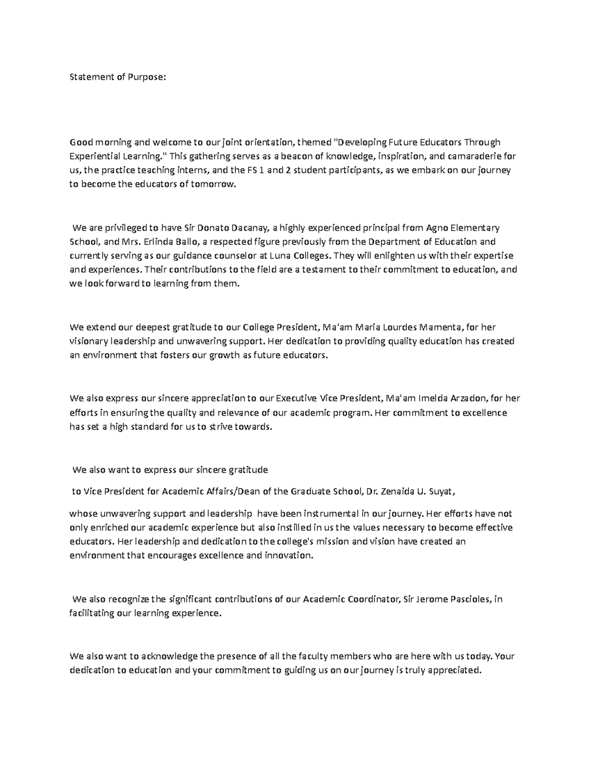 Statement of Purpose - Essay - Statement of Purpose: Good morning and ...