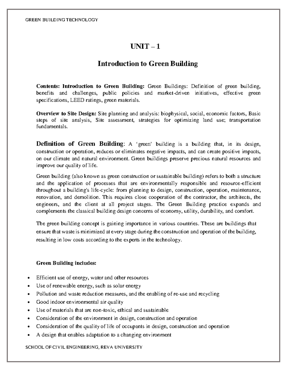 GBT UNIT-1 - NOTES - UNIT – 1 Introduction to Green Building Contents ...