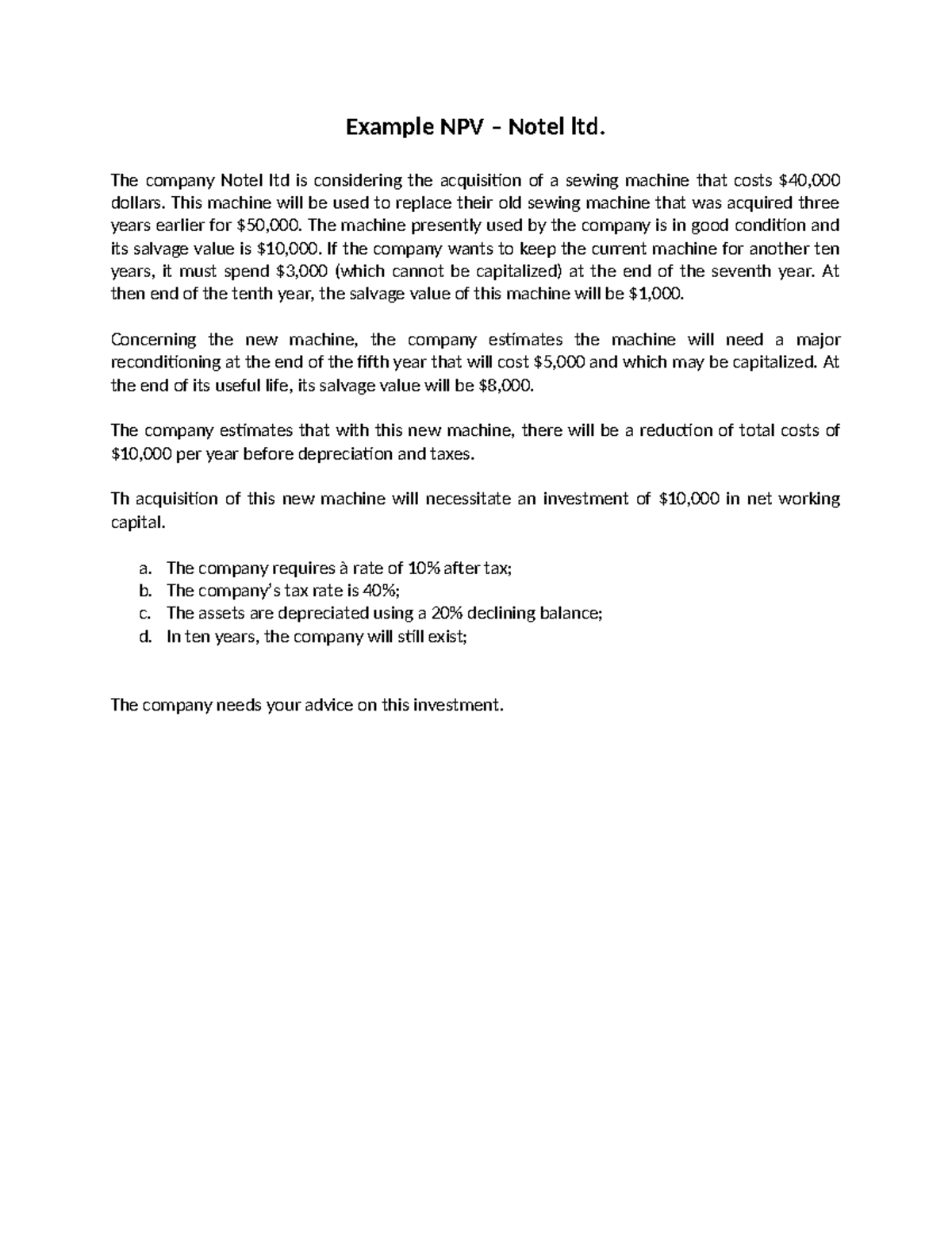 Example NPV Notel - Exercice - Example NPV – Notel ltd. The company ...