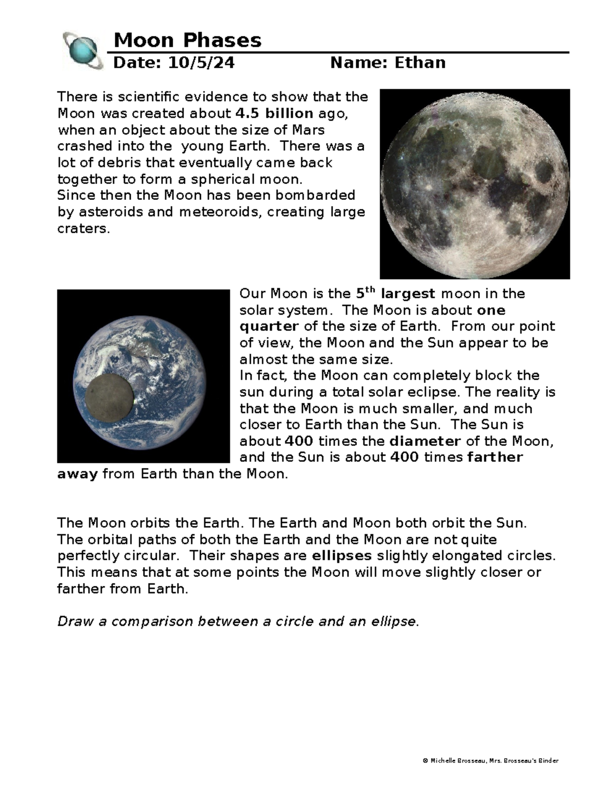 MOON Phases - Student Notes - Moon Phases Date: 10/5/24 Name: Ethan ...
