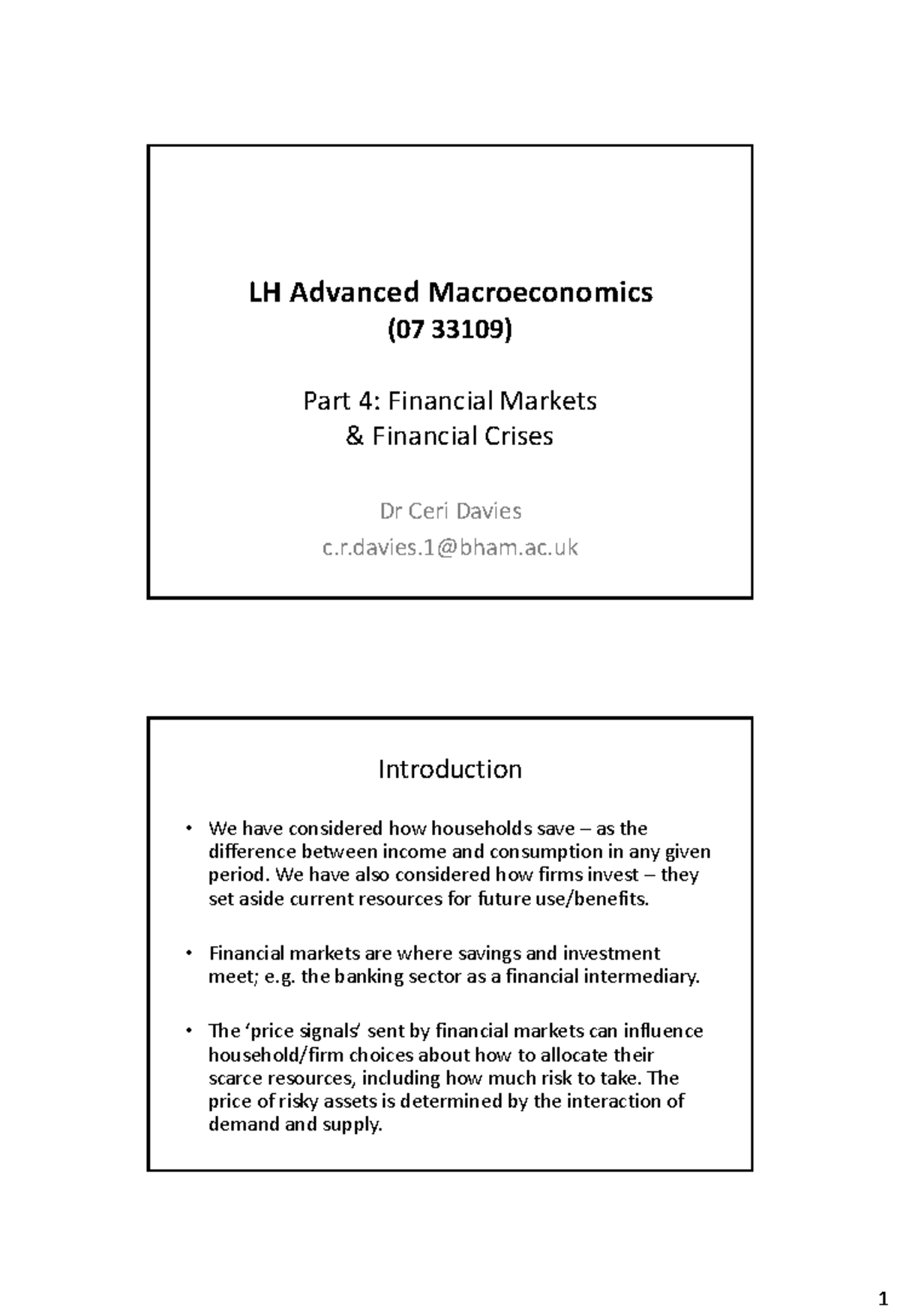 Financial Markets Crises slides - LH Advanced Macroeconomics (07 33109 ...