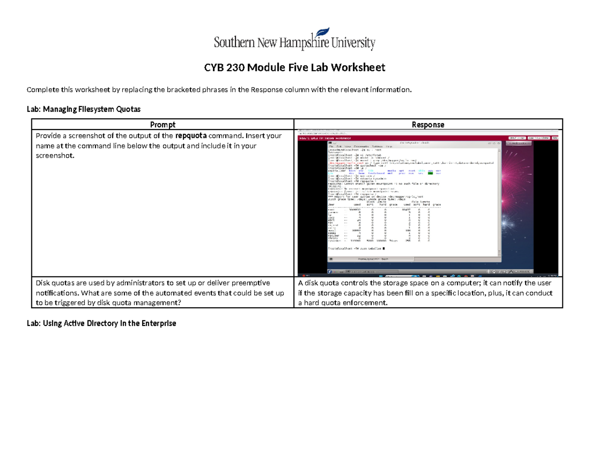 CYB 230 Module Five Lab - Lab: Managing Filesystem Quotas Prompt ...