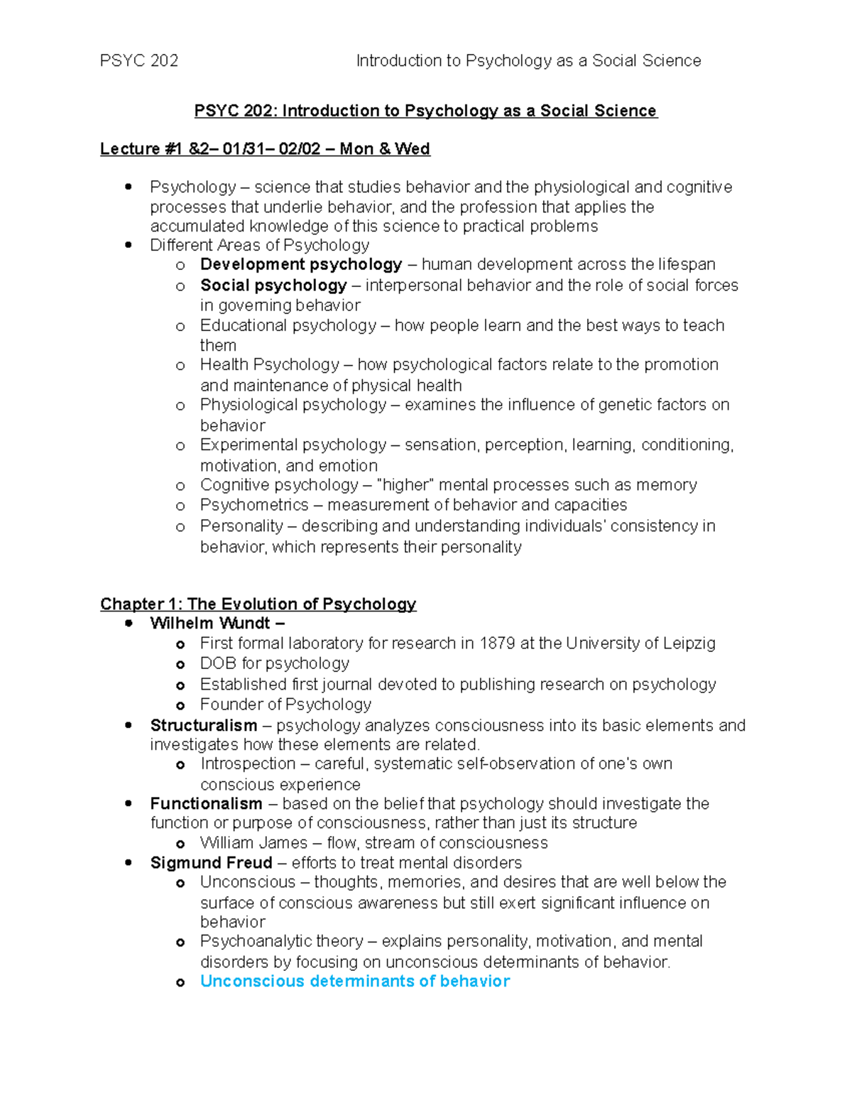 Lecture 01 and 02- The Evolution of Psychology Notes - PSYC 202 ...