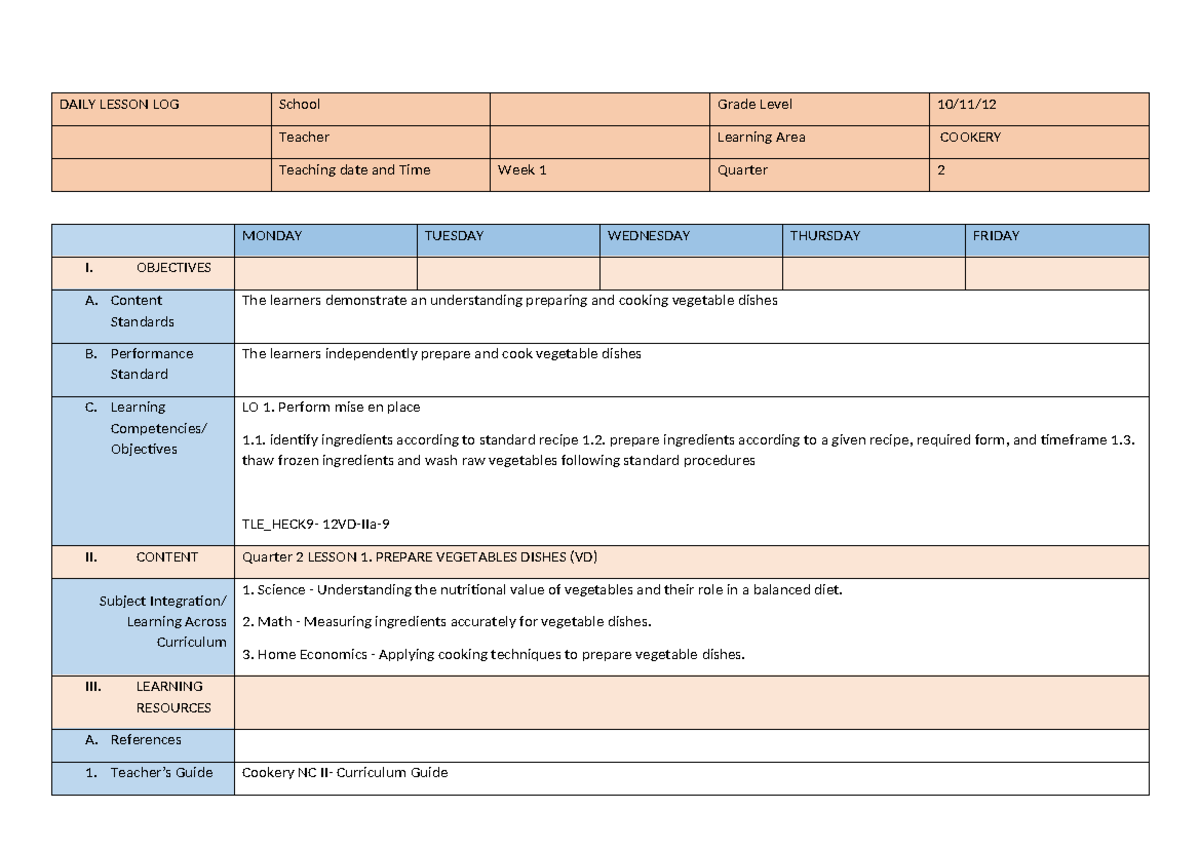 Cookery 10-12- Q2-DLL-Week 1 - DAILY LESSON LOG School Grade Level 10 ...