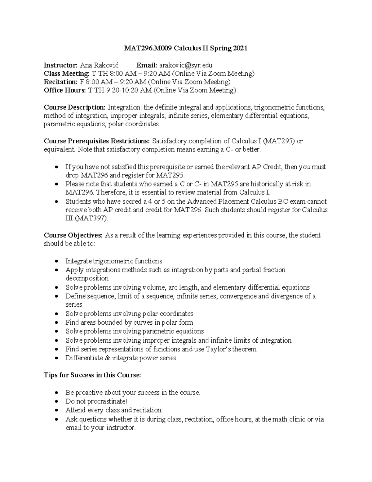 MAT 296 Calculus II Spring 2021 Syllabus - MAT296 Calculus II Spring ...