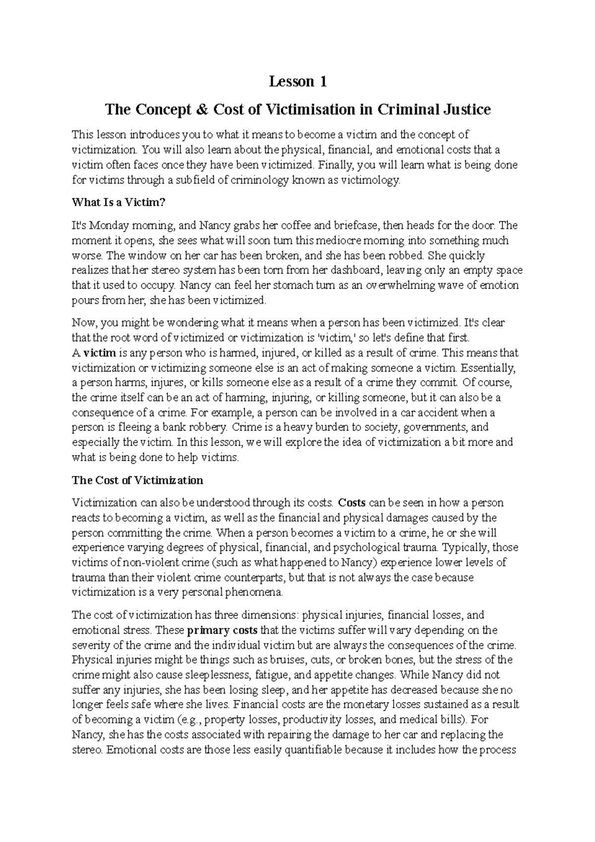 Chapter 4 - Victims & Victimisation in Criminal Justice - Lesson 1 The ...