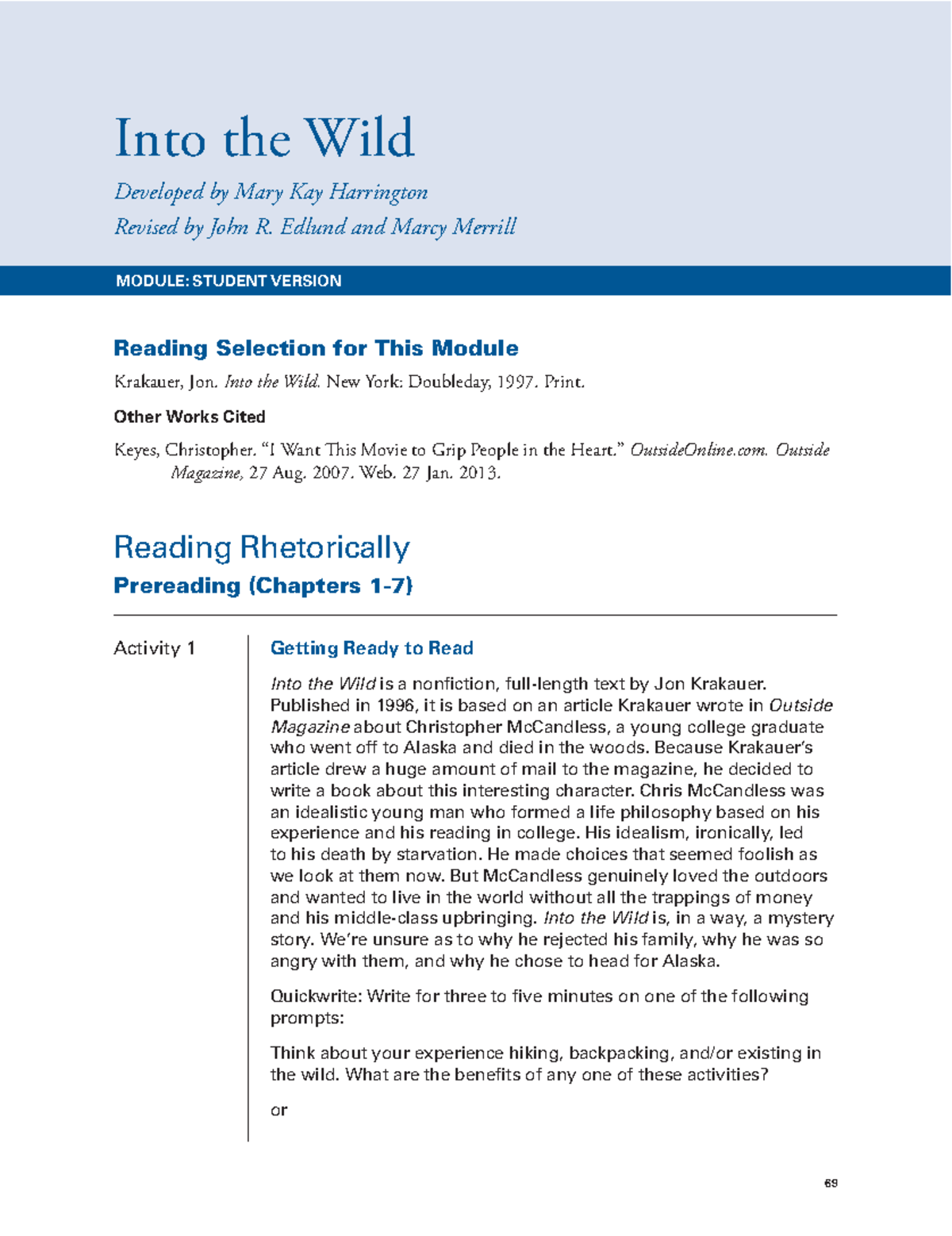 Into the Wild - unit plan smith - 69 MODULE: STUDENT VERSION Reading ...
