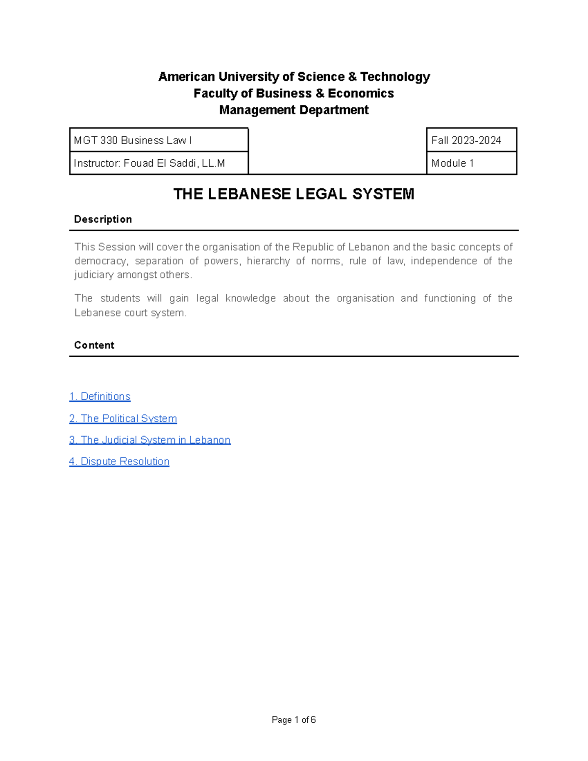 Module 1 - SN - The Lebanese Legal System - American University of ...