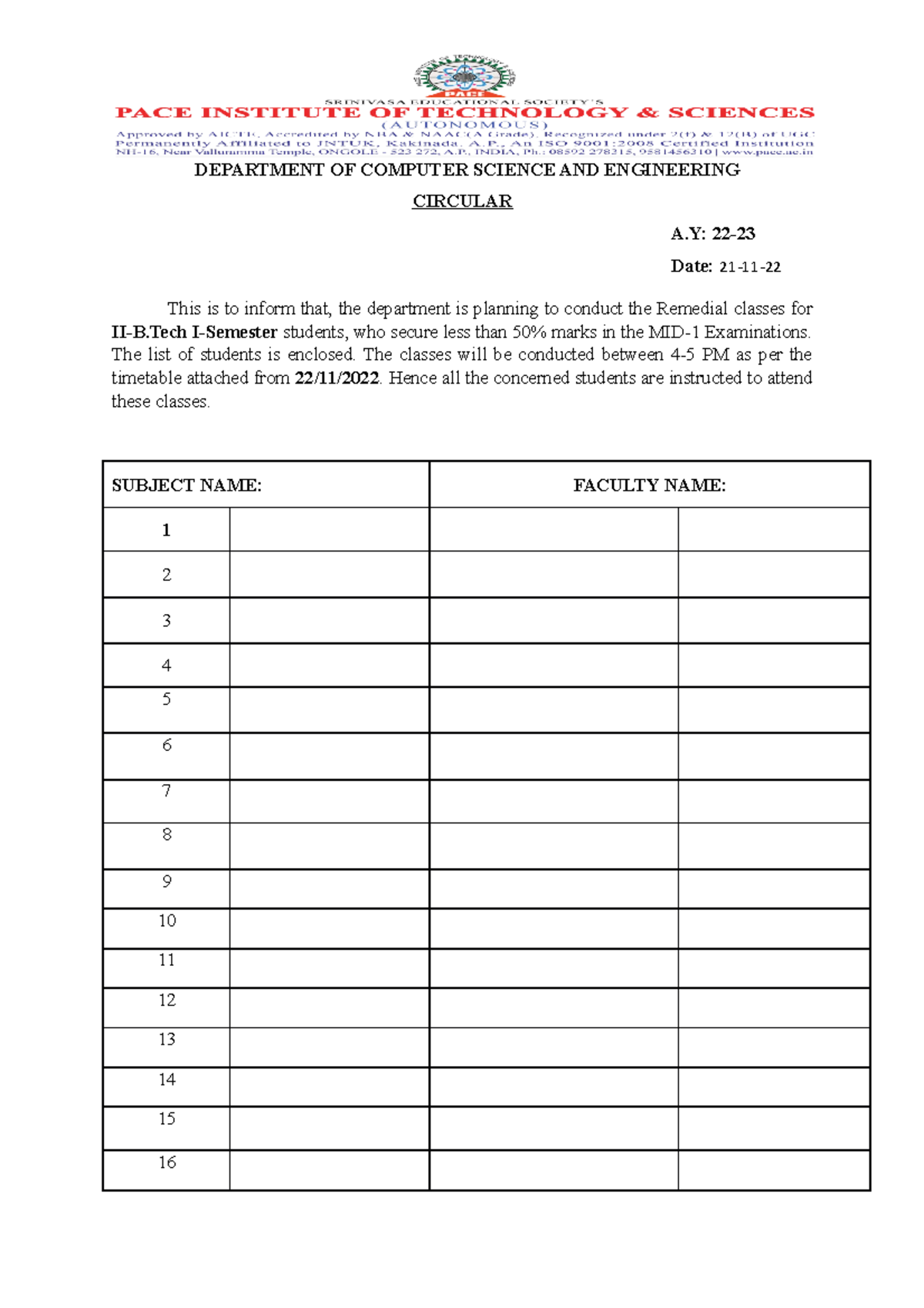 Remedial Classes II-I (22-23) - DEPARTMENT OF COMPUTER SCIENCE AND ...