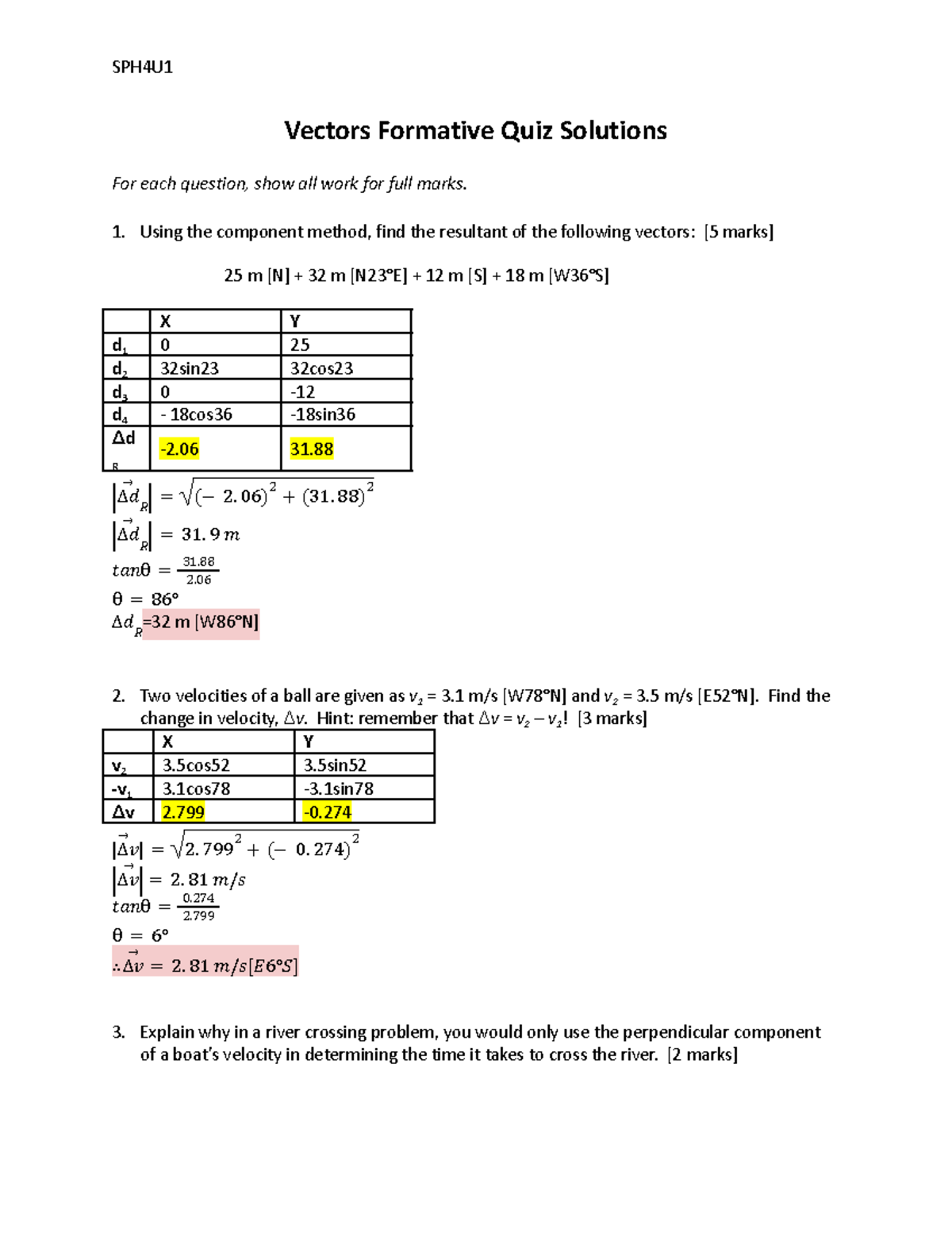 Vectors Formative Quiz Solutions - SPH4U Vectors Formative Quiz ...