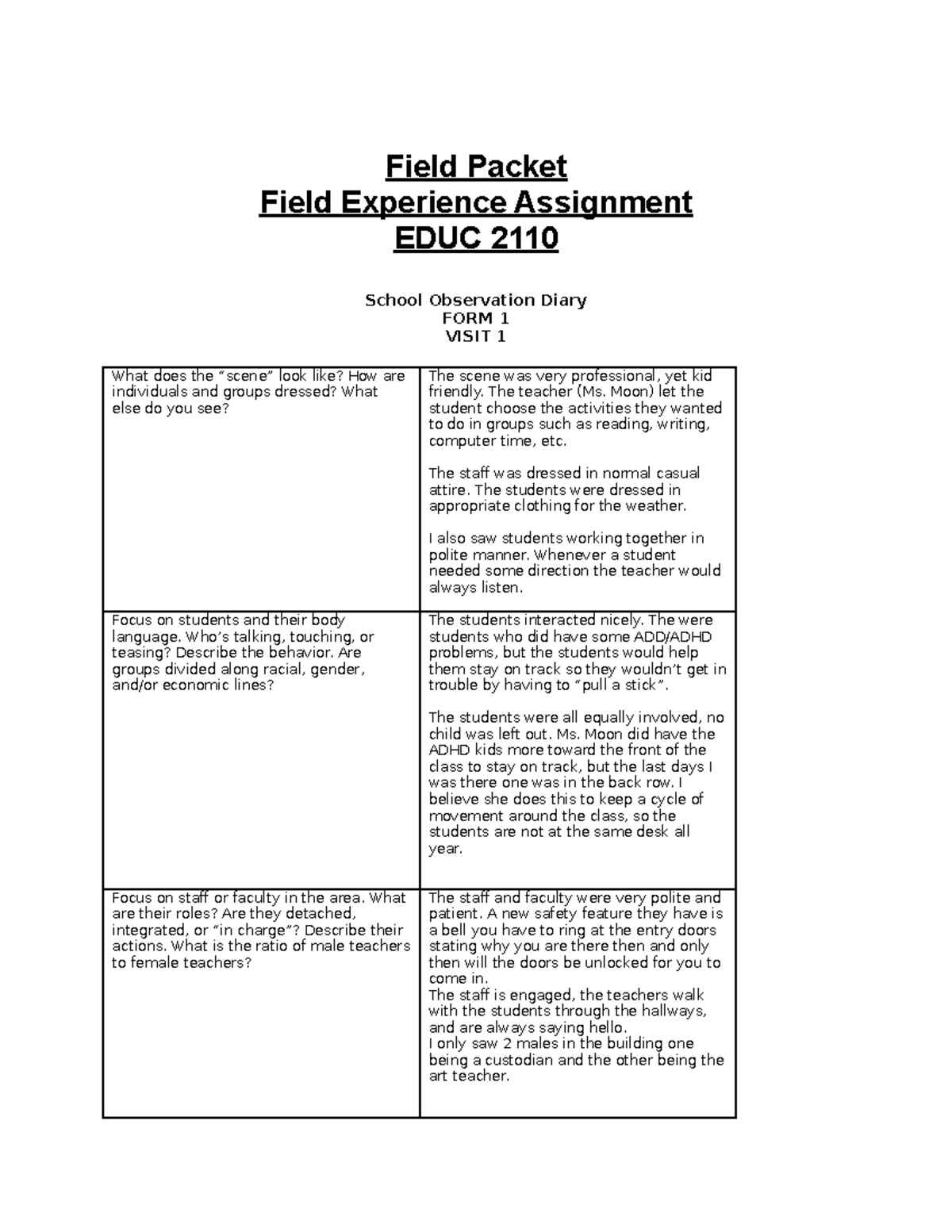 Experience Packet - Field Packet Field Experience Assignment EDUC 2110 ...
