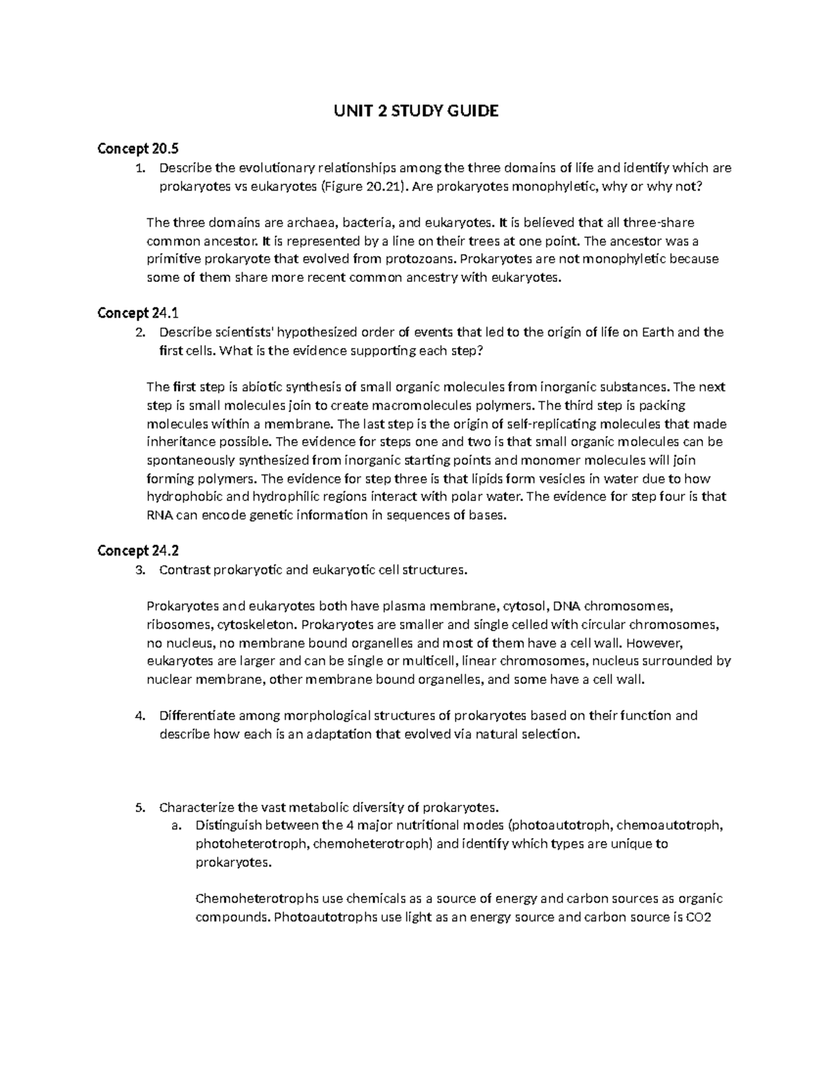 Unit 2 Study Guide - UNIT 2 STUDY GUIDE Concept 20. 1. Describe the ...