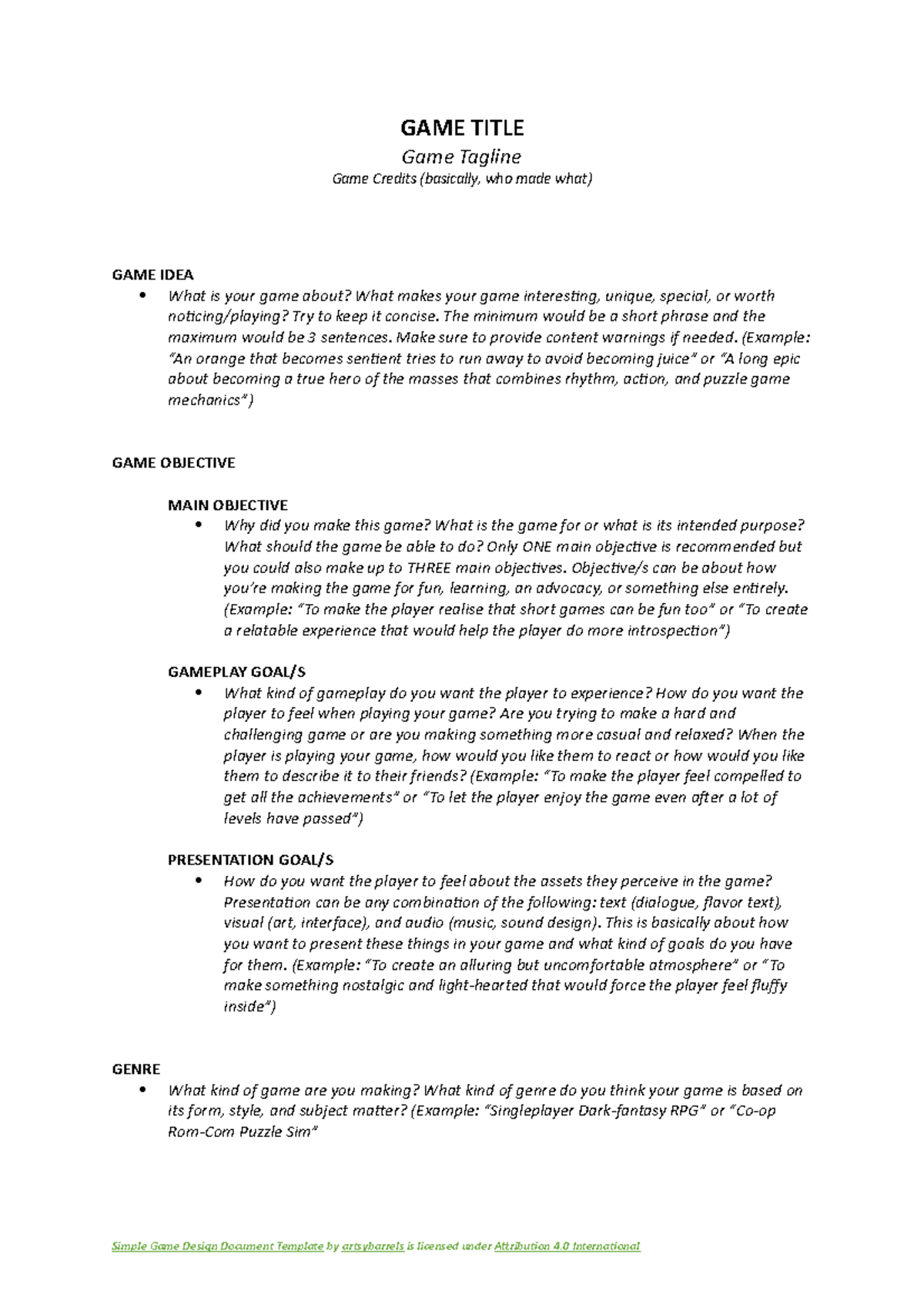 Simple Game Design Document Template by artsybarrels - GAME TITLE Game ...