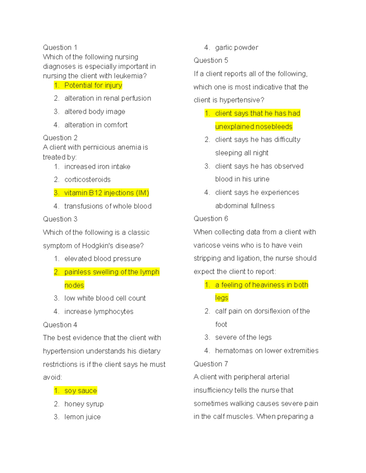 Medical Surgical Nursing Practice Test Review Question 1 Which Of The