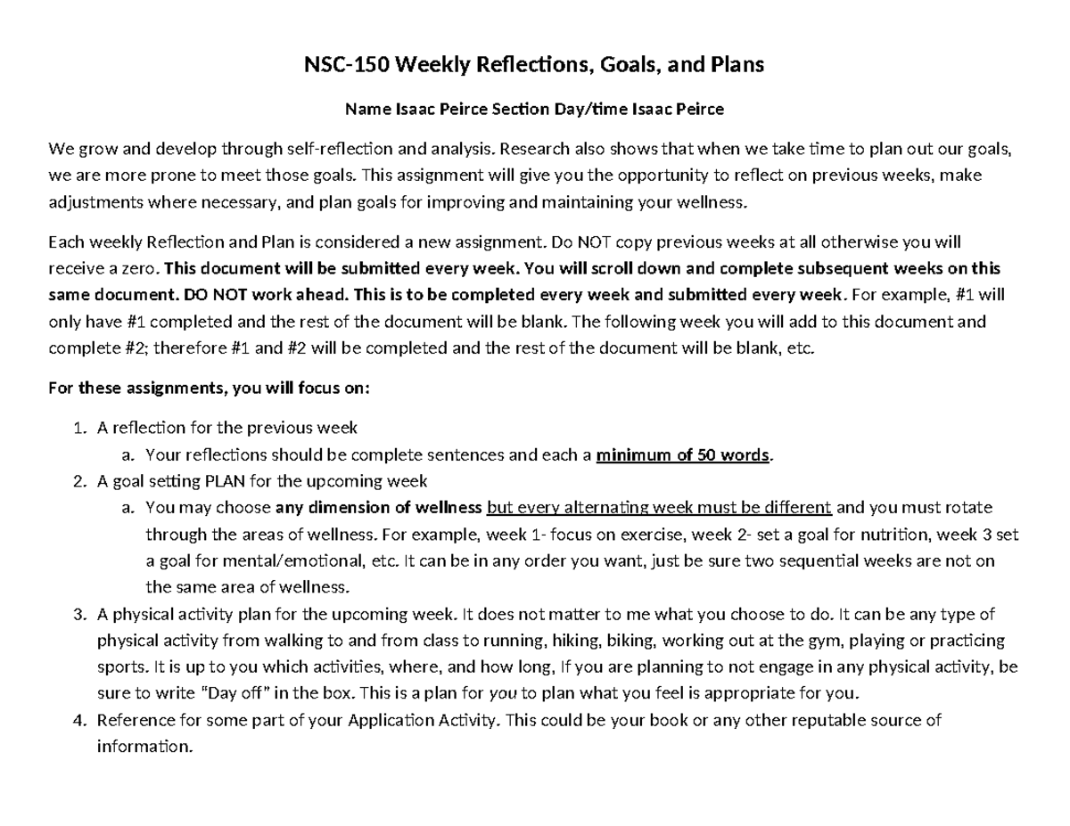 Weekly Reflection and Goals Worksheet 2024 - Isaac Peirce (10) - NSC ...